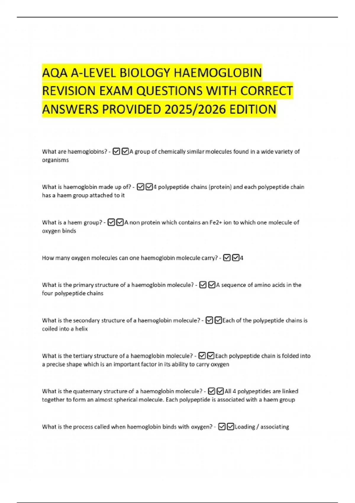AQA A-LEVEL BIOLOGY HAEMOGLOBIN REVISION EXAM QUESTIONS WITH CORRECT ...