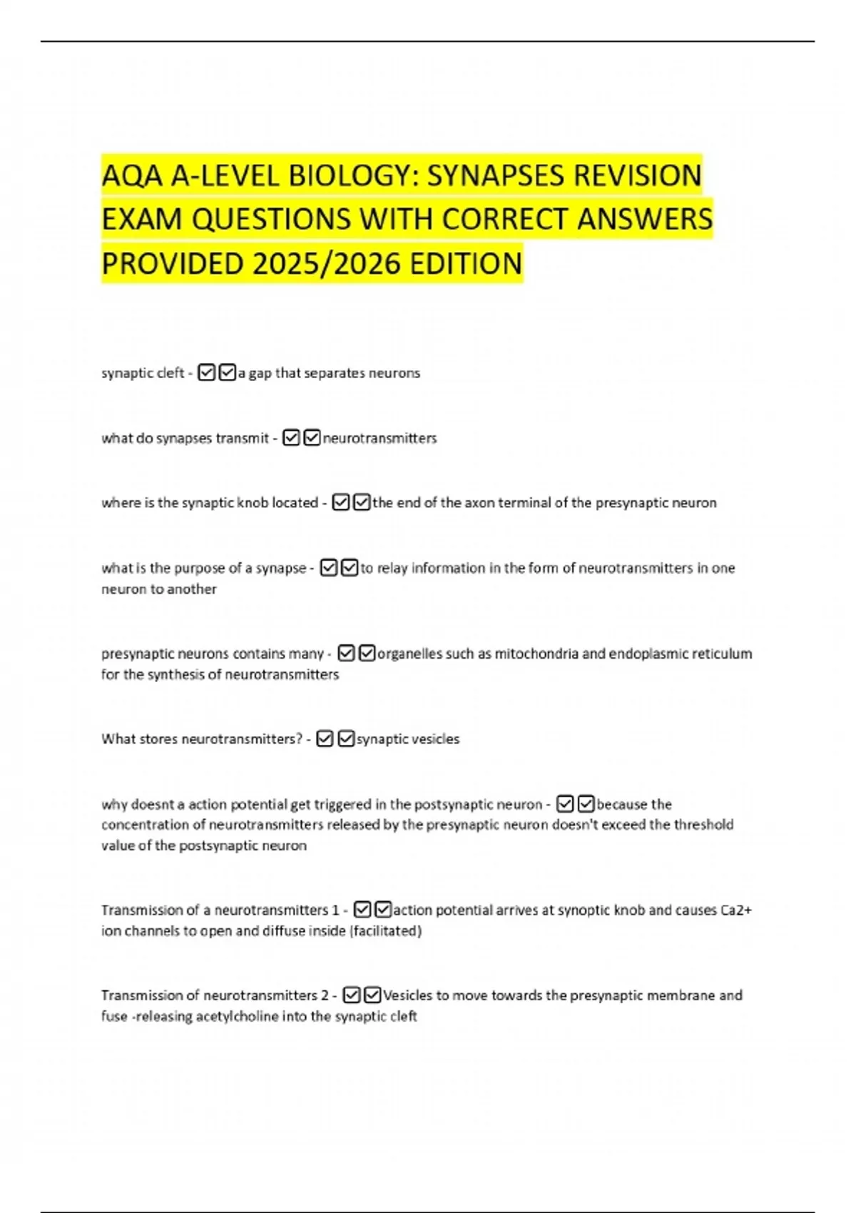 AQA A-LEVEL BIOLOGY: SYNAPSES REVISION EXAM QUESTIONS WITH CORRECT ...