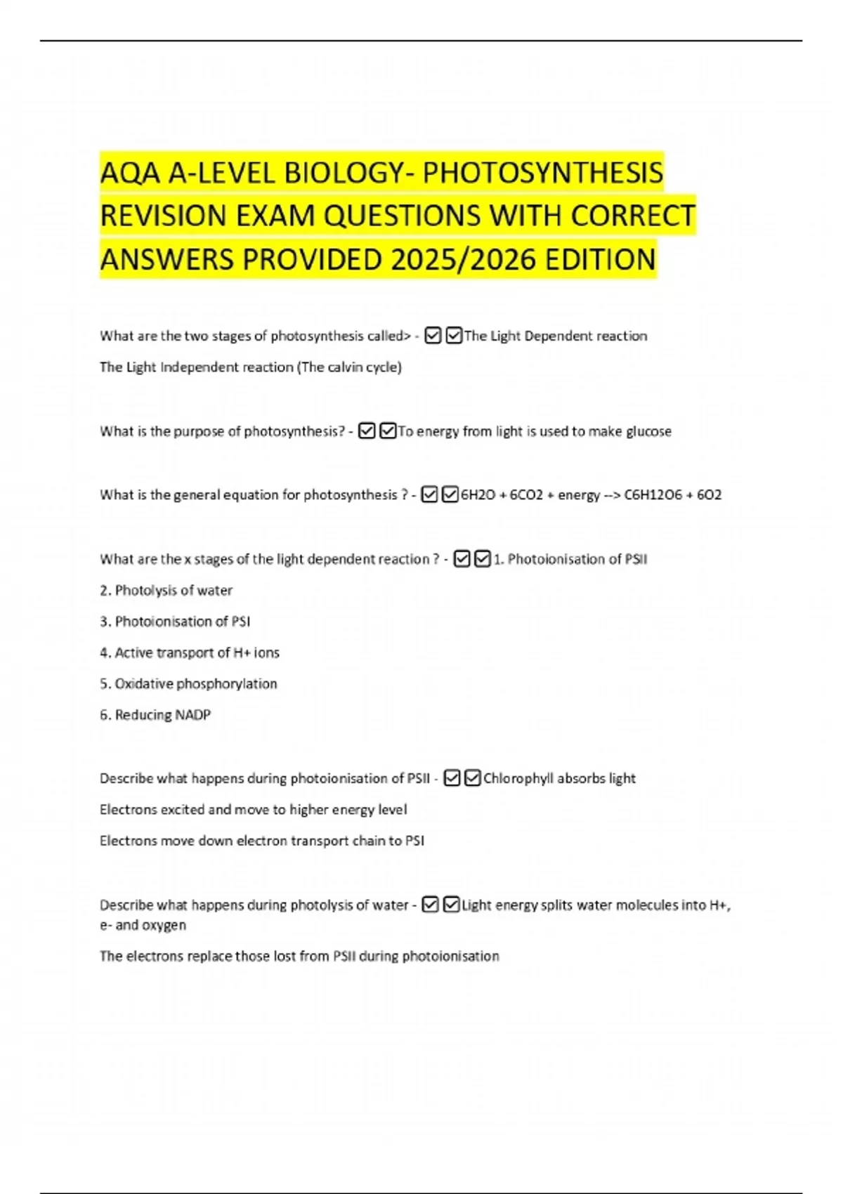 AQA A-LEVEL BIOLOGY- PHOTOSYNTHESIS REVISION EXAM QUESTIONS WITH ...