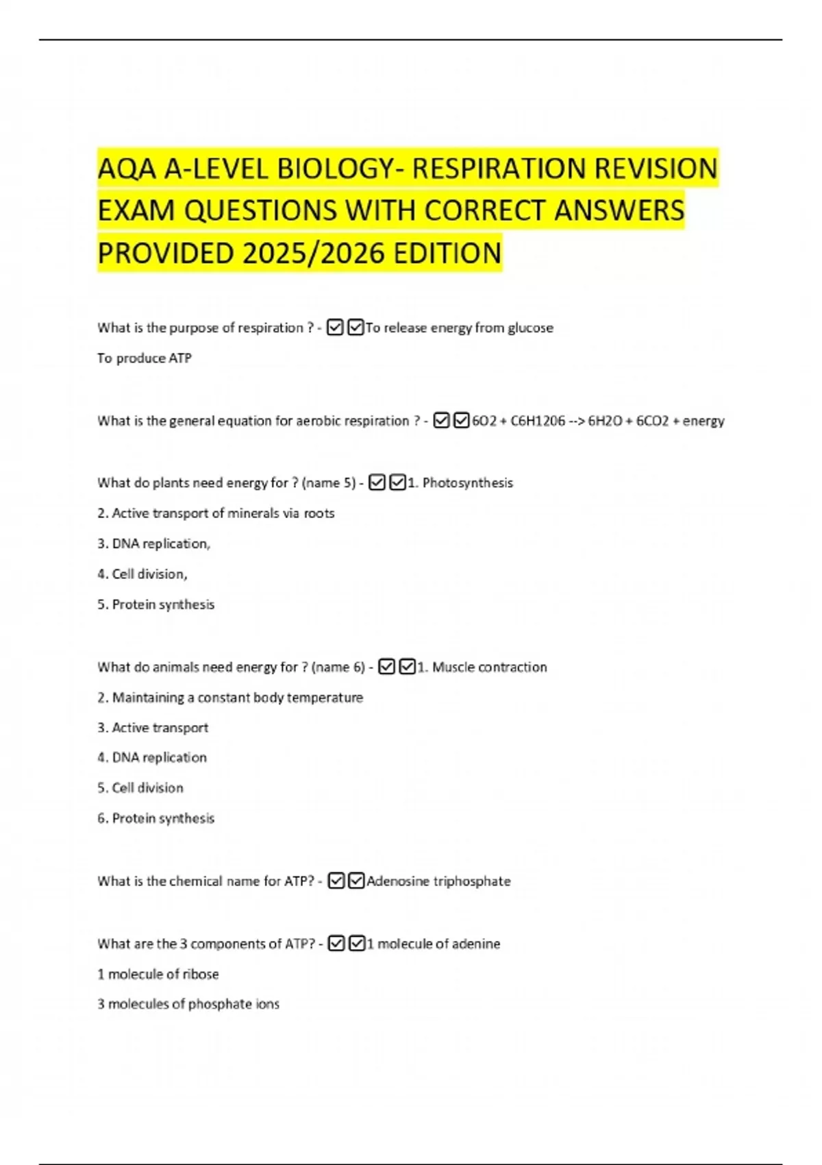 AQA A-LEVEL BIOLOGY- RESPIRATION REVISION EXAM QUESTIONS WITH CORRECT ...