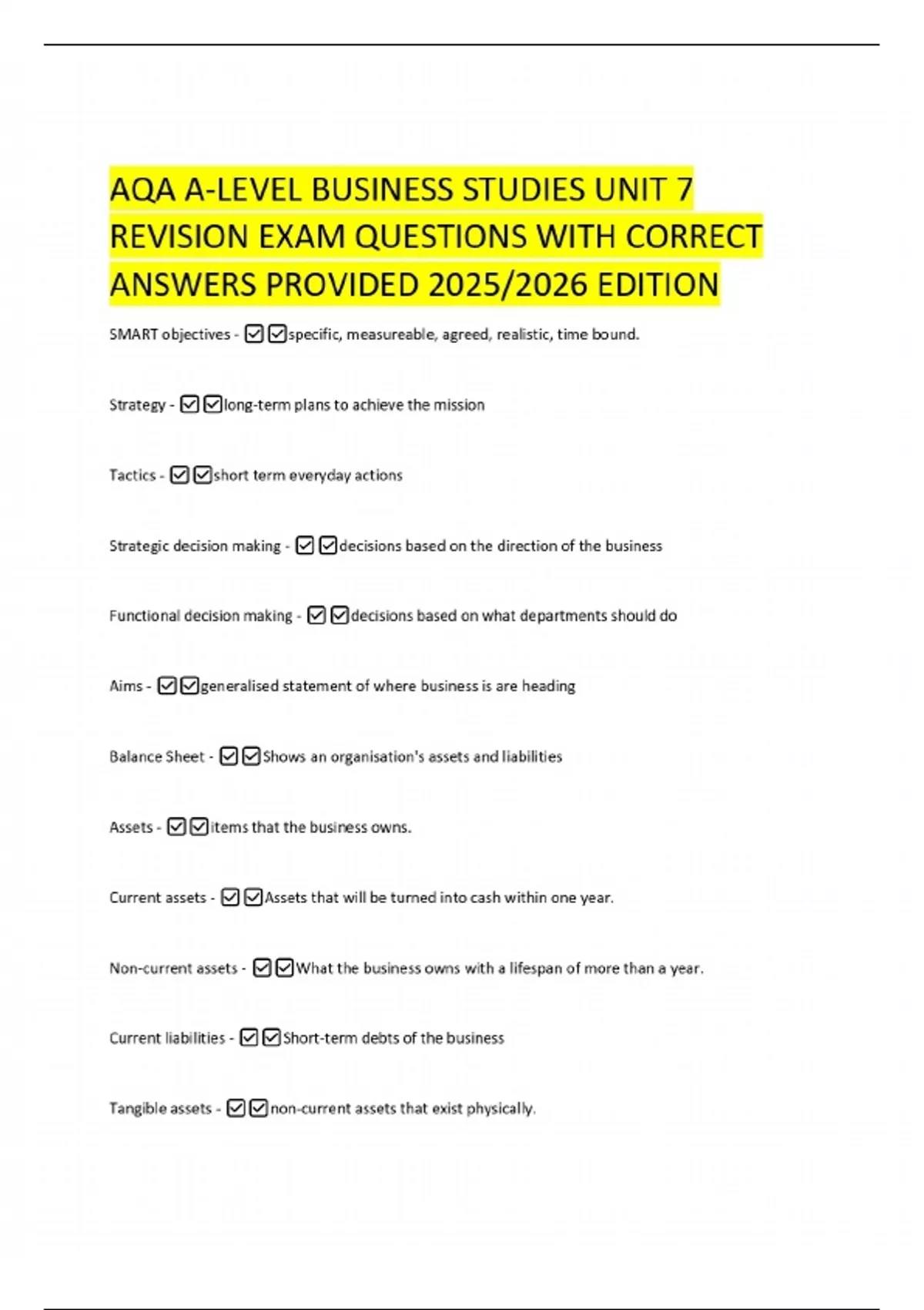 AQA A-LEVEL BUSINESS STUDIES UNIT 7 REVISION EXAM QUESTIONS WITH CORRECT ANSWERS PROVIDED 2025/ ...