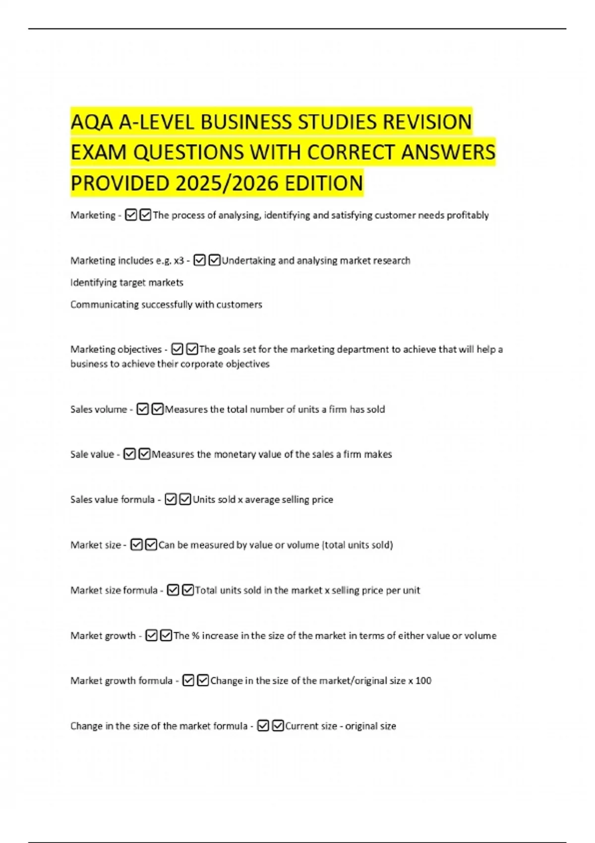 AQA A-LEVEL BUSINESS STUDIES REVISION EXAM QUESTIONS WITH CORRECT ...