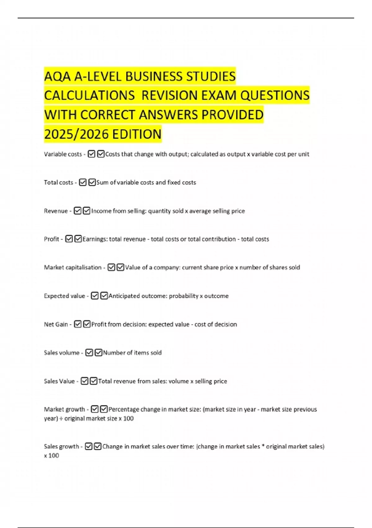 AQA A-LEVEL BUSINESS STUDIES CALCULATIONS REVISION EXAM QUESTIONS WITH CORRECT ANSWERS PROVIDED ...