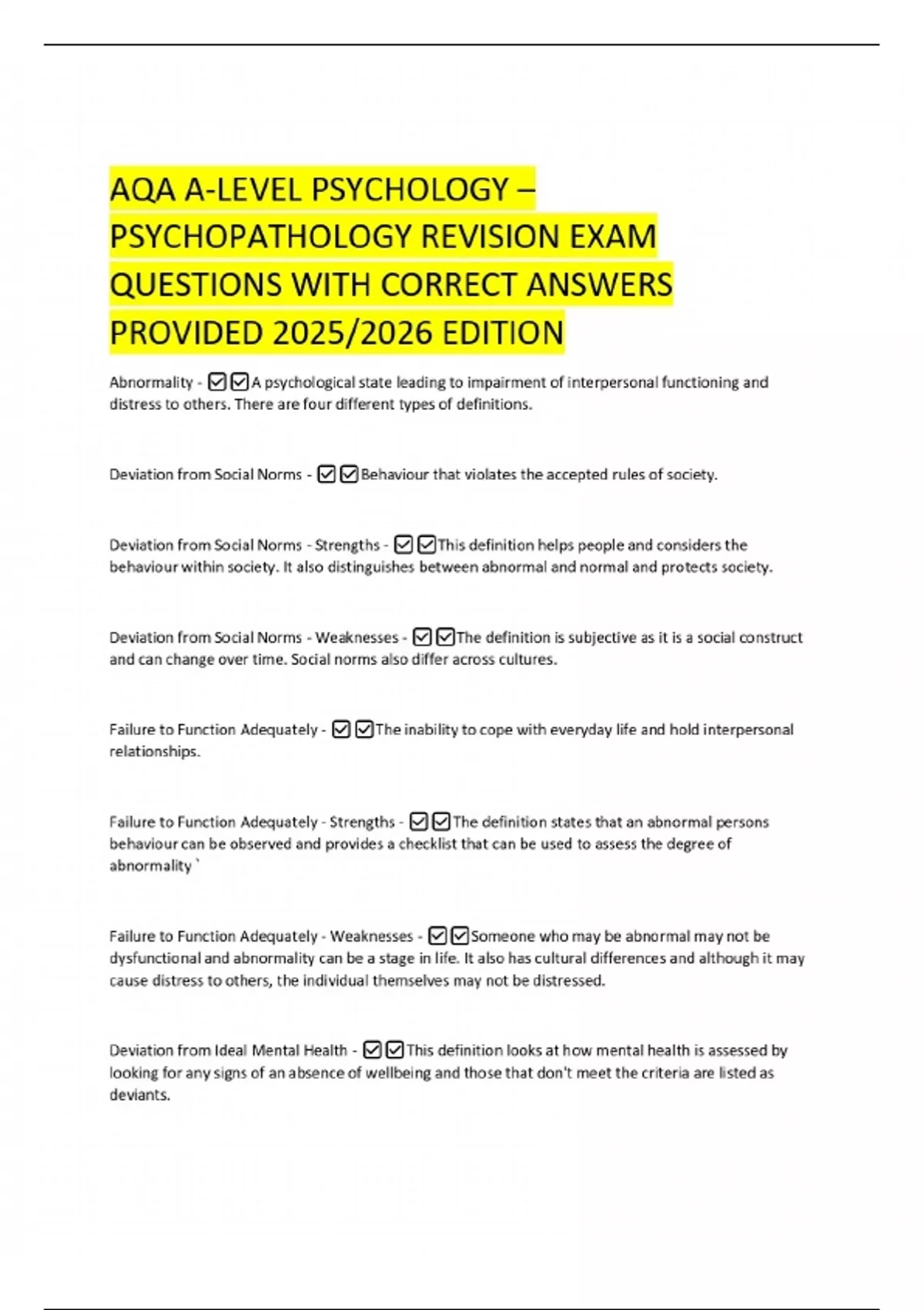 AQA A-LEVEL PSYCHOLOGY – PSYCHOPATHOLOGY REVISION EXAM QUESTIONS WITH ...