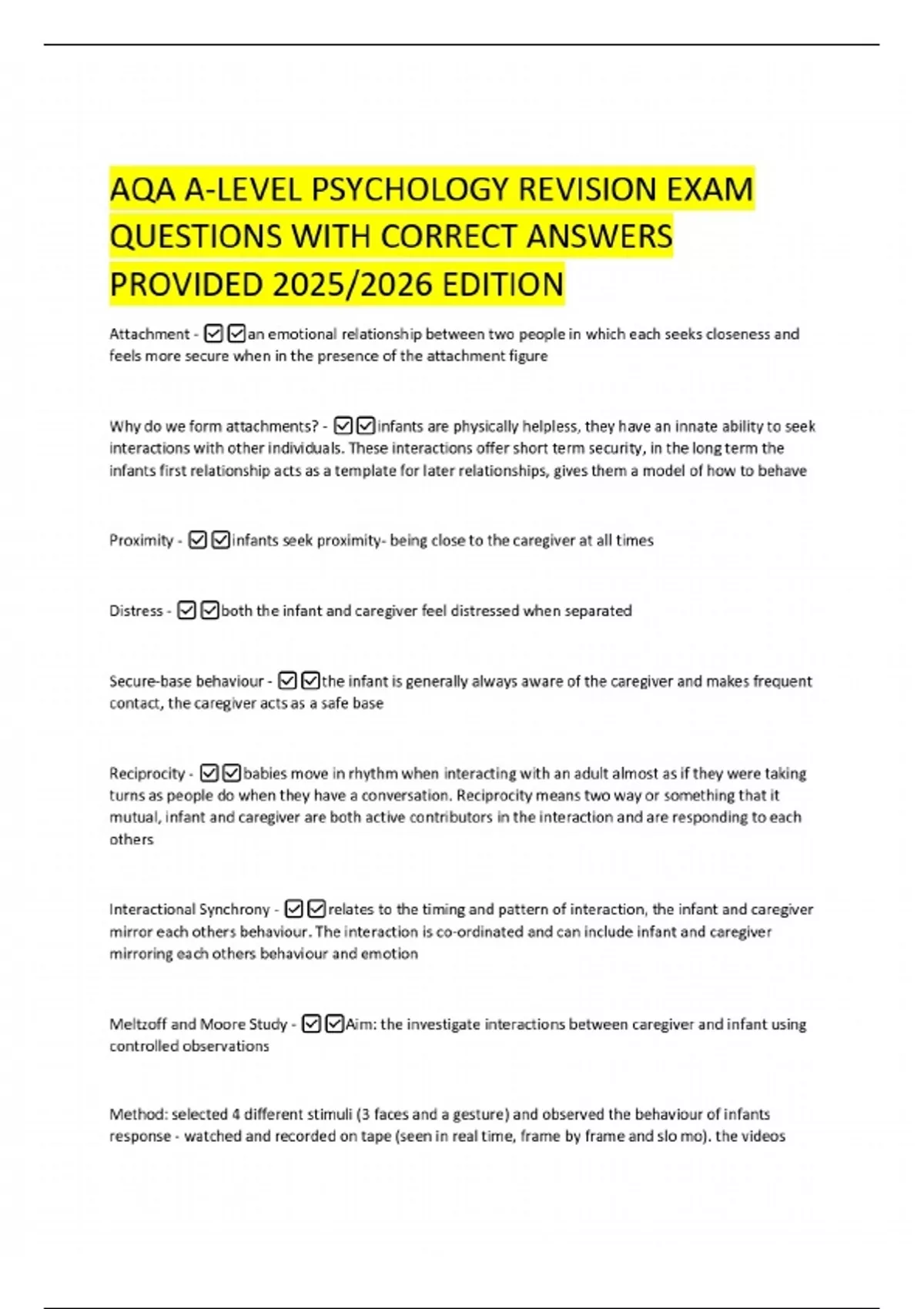 AQA A-LEVEL PSYCHOLOGY REVISION EXAM QUESTIONS WITH CORRECT ANSWERS PROVIDED 2025/2026 EDITION ...