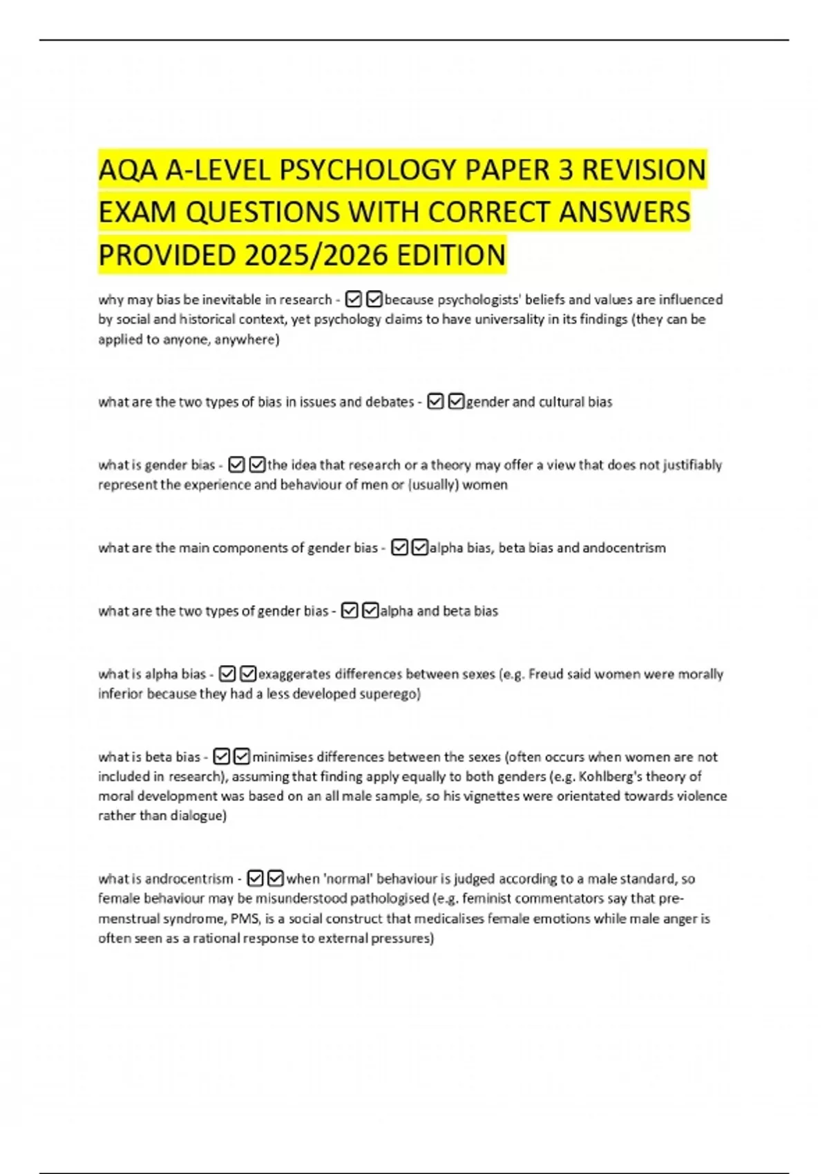 AQA A-LEVEL PSYCHOLOGY PAPER 3 REVISION EXAM QUESTIONS WITH CORRECT ...