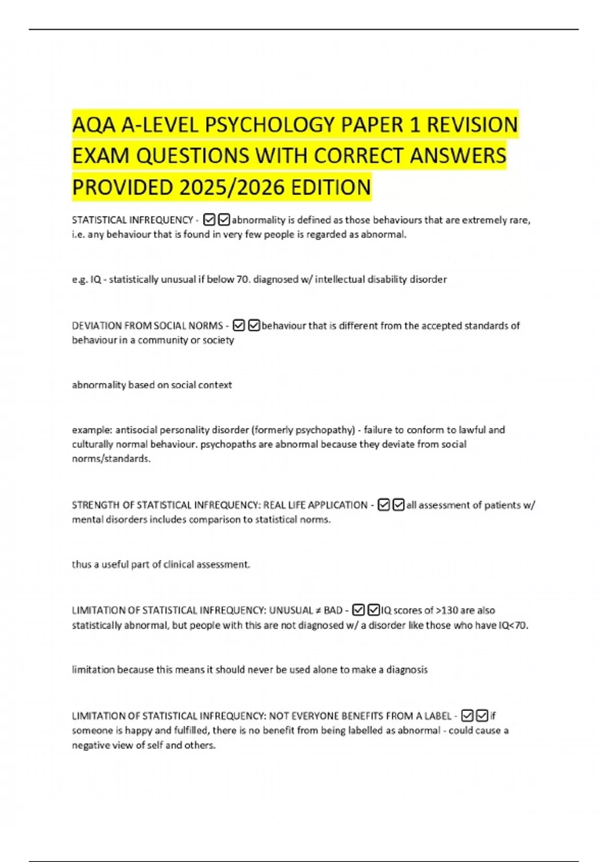 AQA A-LEVEL PSYCHOLOGY PAPER 1 REVISION EXAM QUESTIONS WITH CORRECT ...
