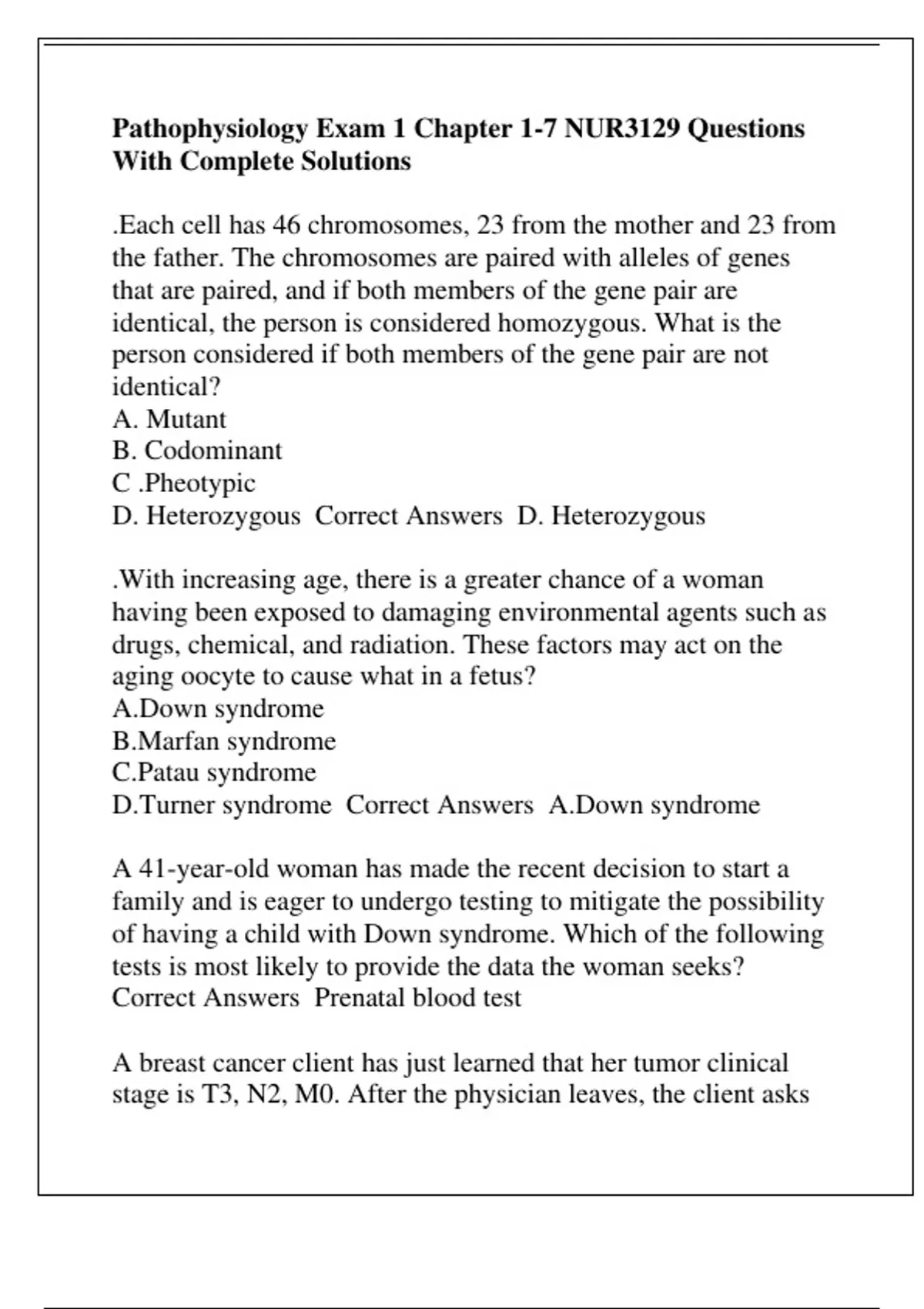 Pathophysiology Exam 1 Chapter 1-7 NUR3129 Questions With Complete ...