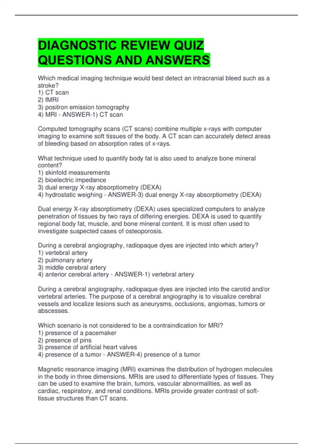 DIAGNOSTIC REVIEW QUIZ QUESTIONS AND ANSWERS - DIAGNOSTIC IMAGING ...