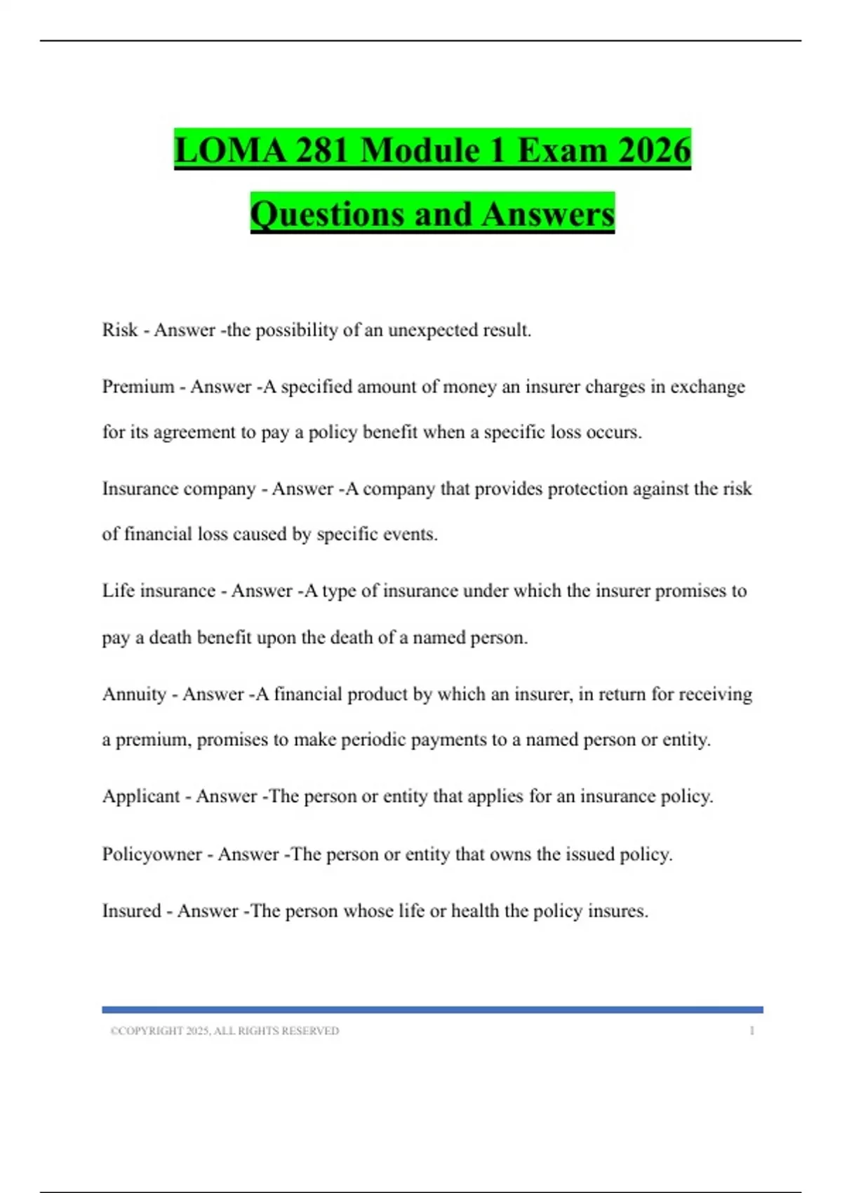 LOMA 281 Module 1 Exam 2026 Questions and Answers - LOMA 281 Module 1 ...