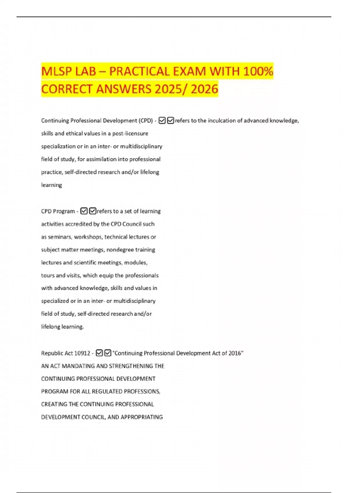 MLSP LAB – PRACTICAL EXAM WITH 100% CORRECT ANSWERS 2025/ 2026 - MLSP ...