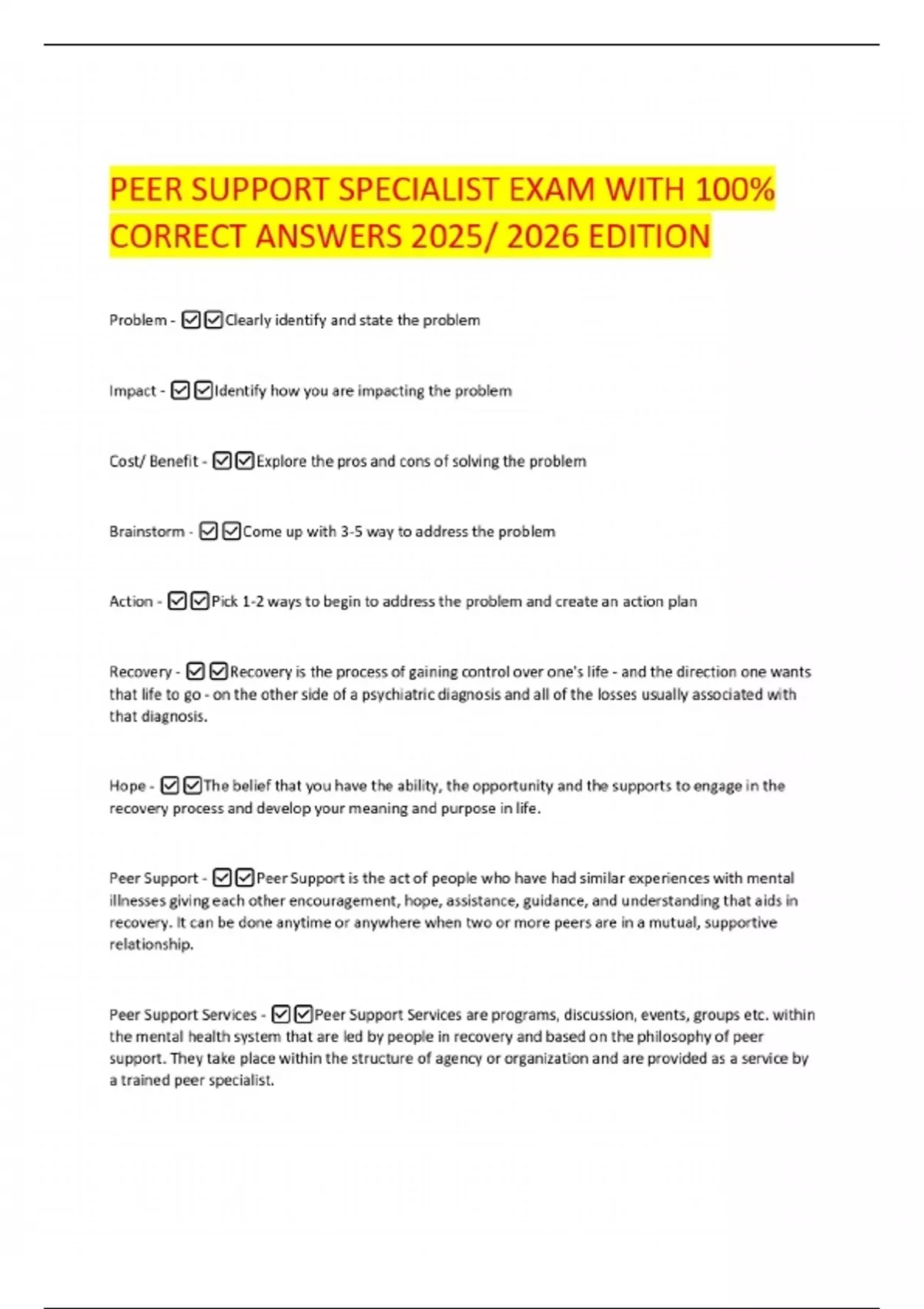PEER SUPPORT SPECIALIST EXAM WITH 100% CORRECT ANSWERS 2025/ 2026 ...