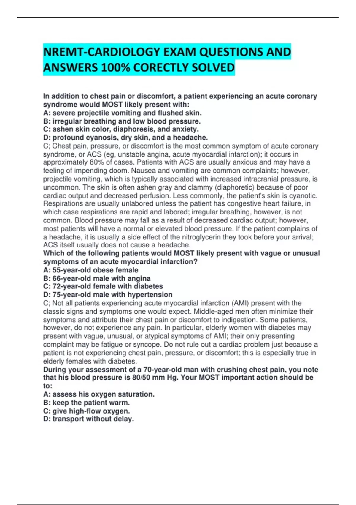NREMT-CARDIOLOGY EXAM QUESTIONS AND ANSWERS 100% CORECTLY SOLVED ...