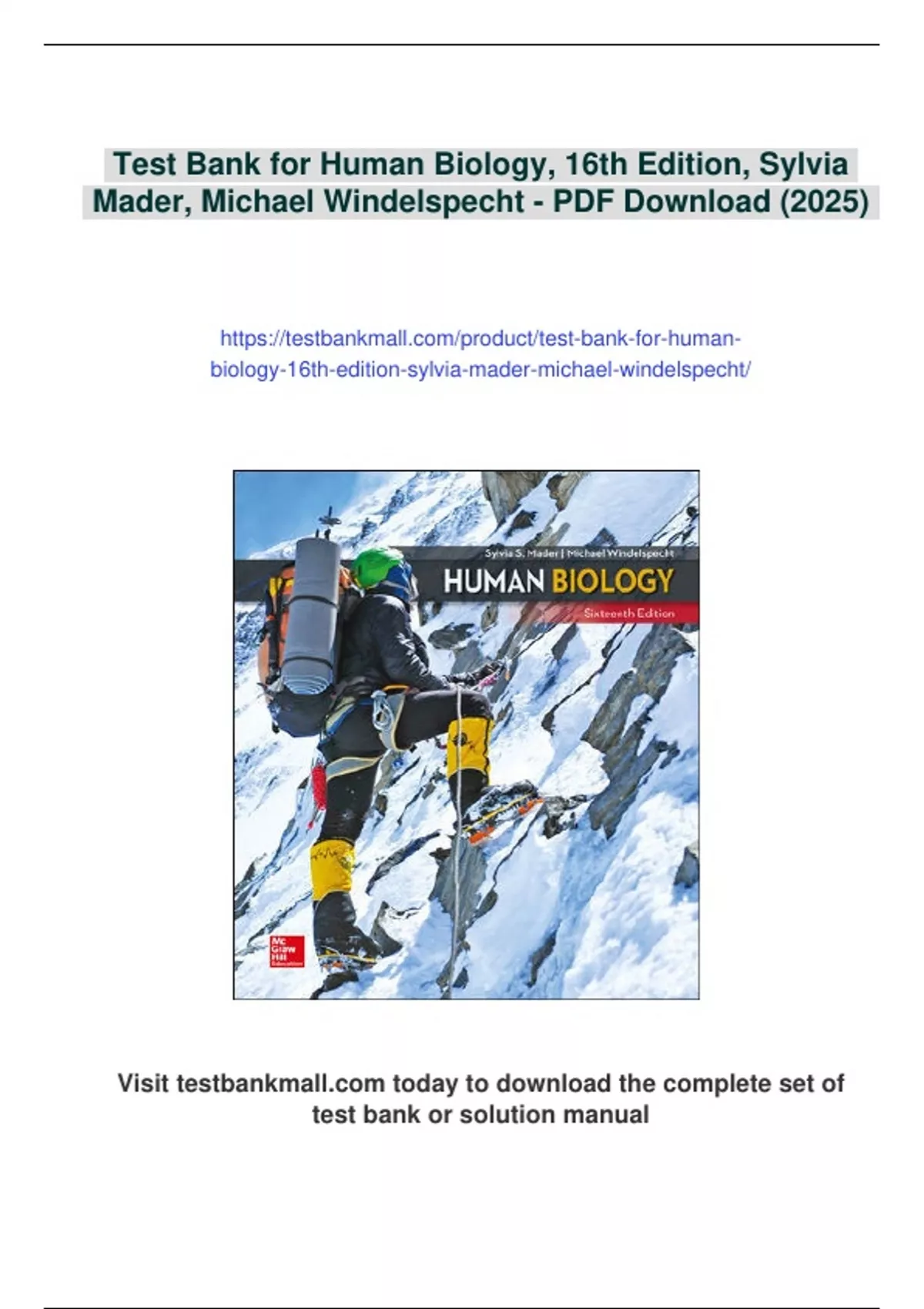 Summary Test Bank for Human Biology, 16th Edition, Sylvia Mader ...