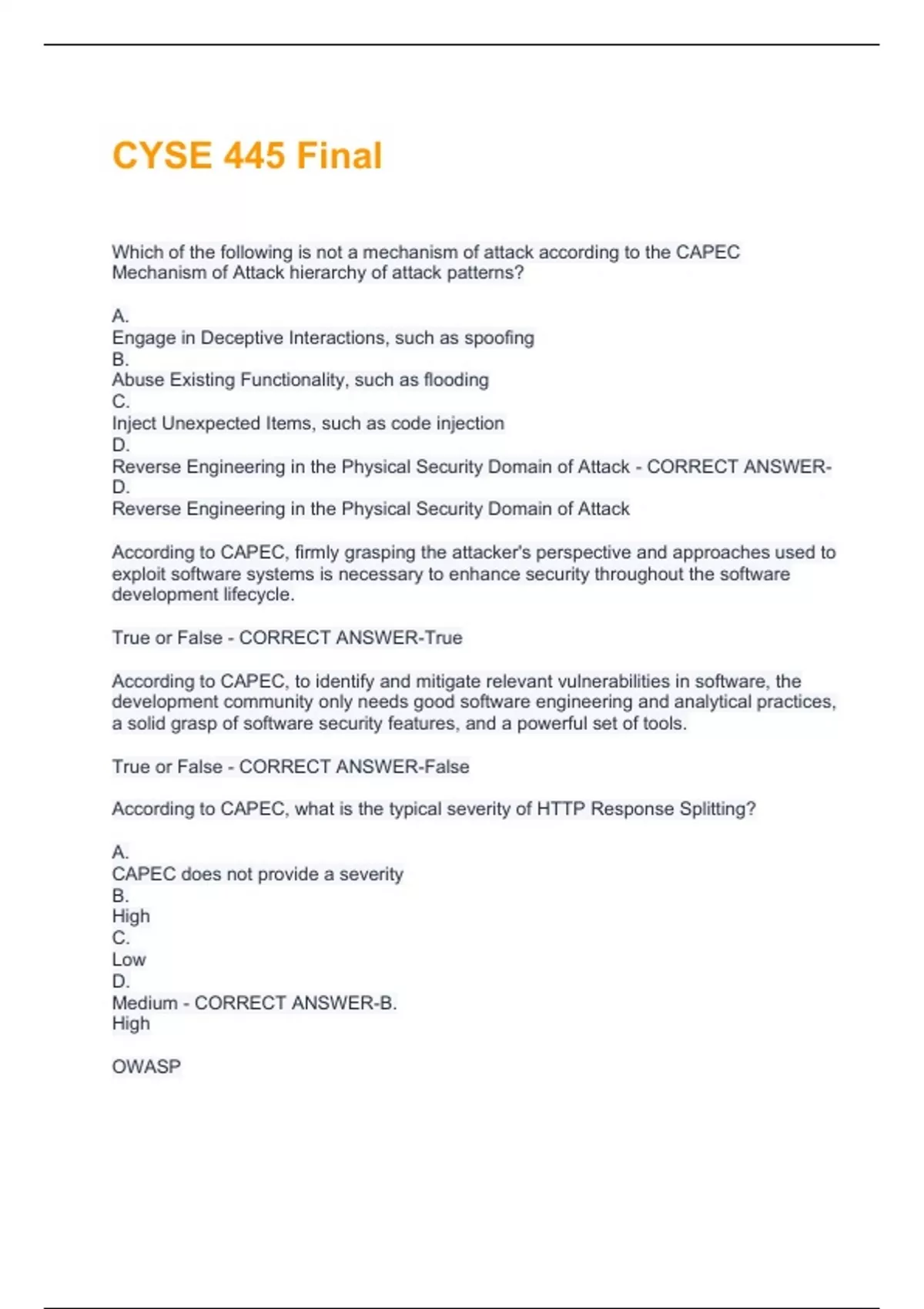 CYSE 445 Final Questions and Answers Best rated A+ Guaranteed Success ...