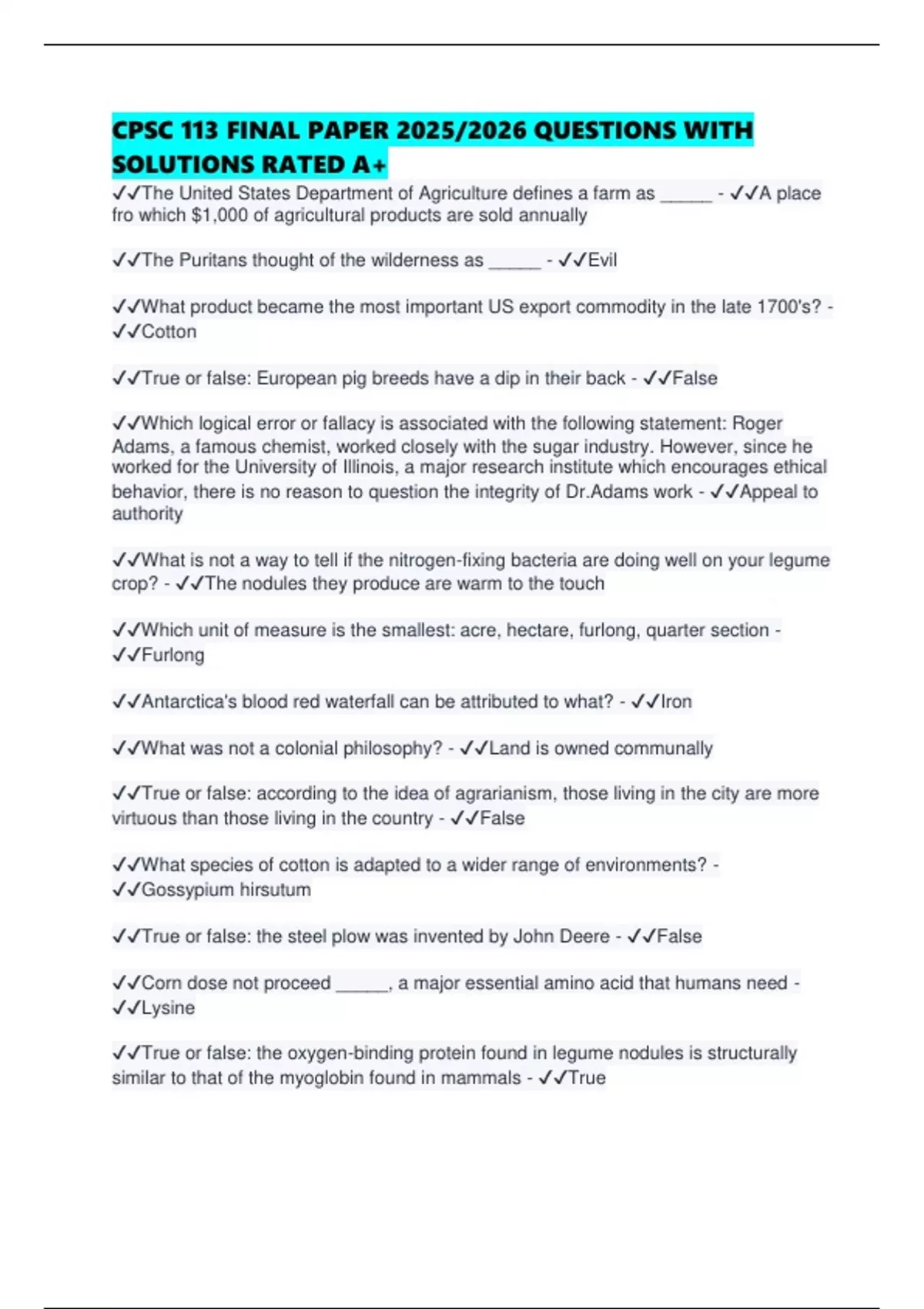 CPSC 113 FINAL PAPER 2025/2026 QUESTIONS WITH SOLUTIONS RATED A+ - CPSC 113 - Stuvia US