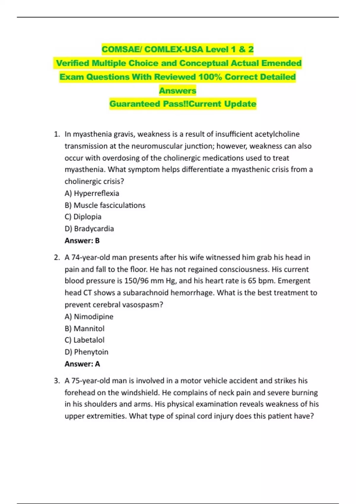 COMSAE/ COMLEX-USA Level 1 & 2 Verified Multiple Choice and Conceptual ...