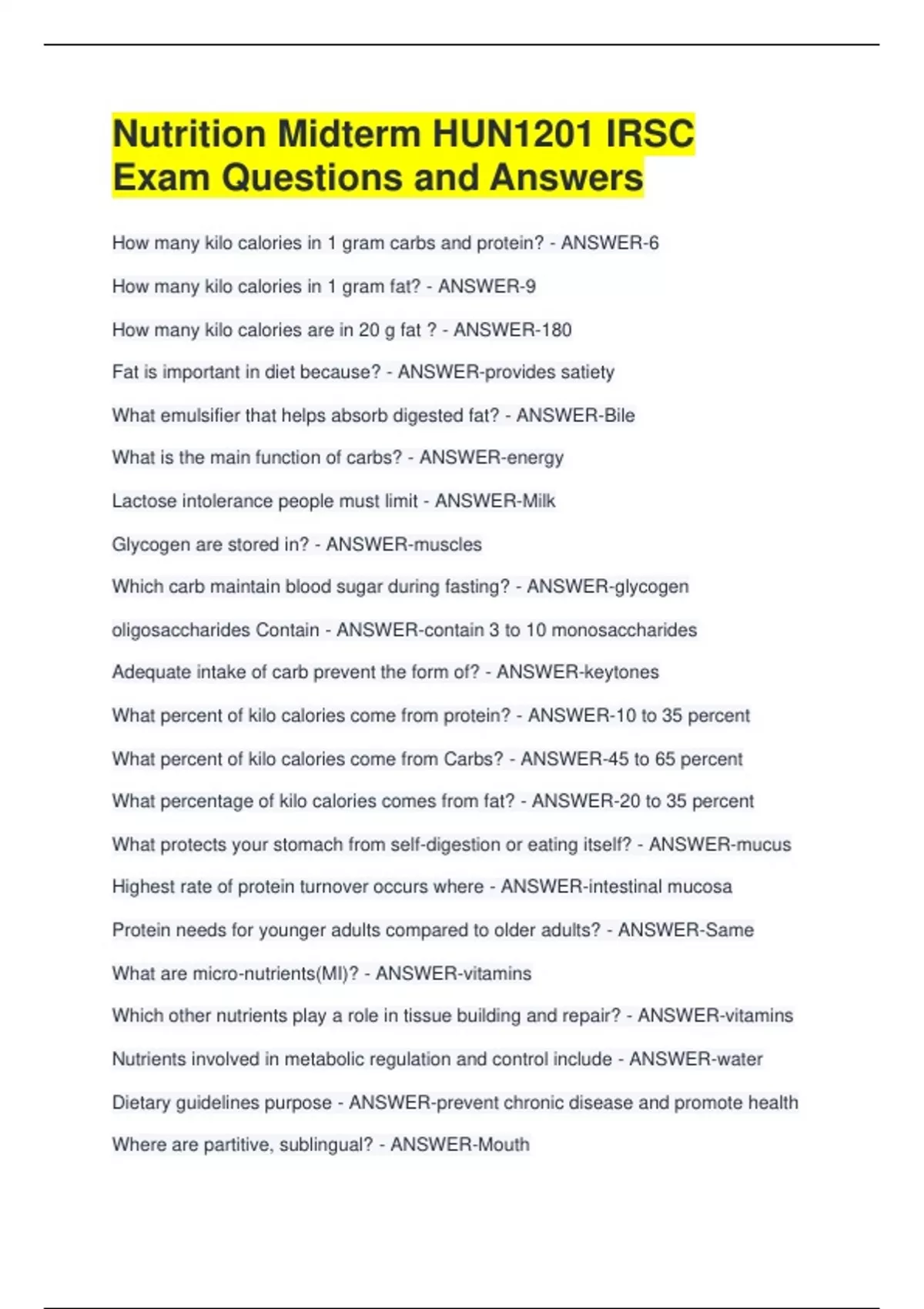 Nutrition Midterm HUN1201 IRSC Exam Questions and Answers - HUN1201 - Stuvia US