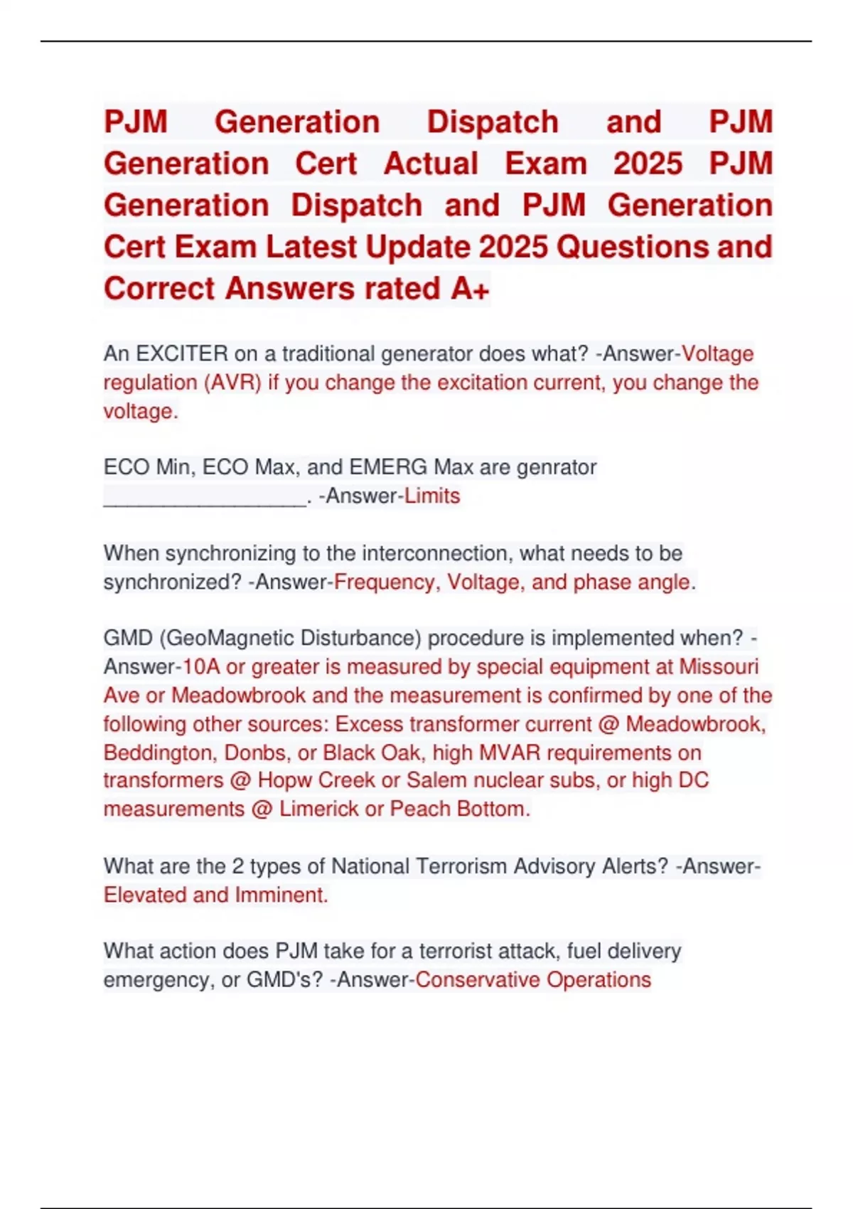 PJM Generation Dispatch and PJM Generation Cert Actual Exam 2025 PJM ...