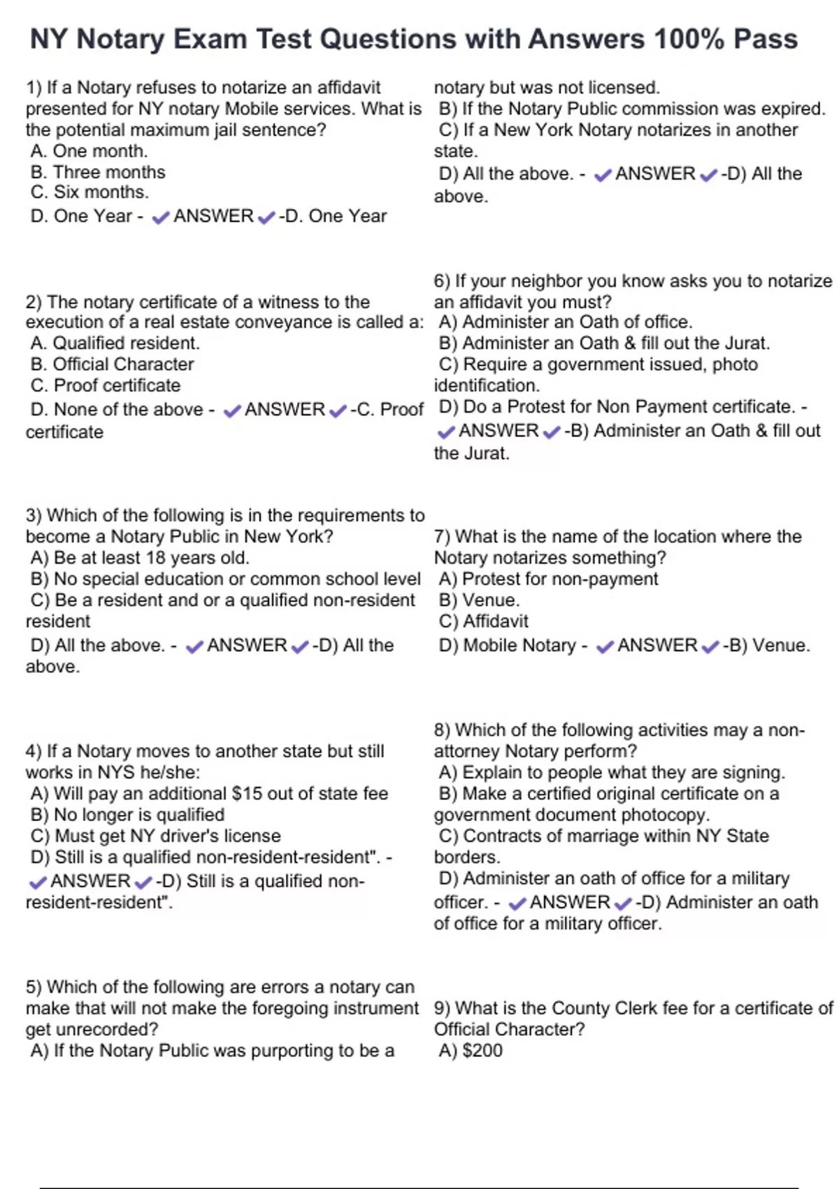 NY Notary Exam Test Questions with Answers 100% Pass - NY Notary ...