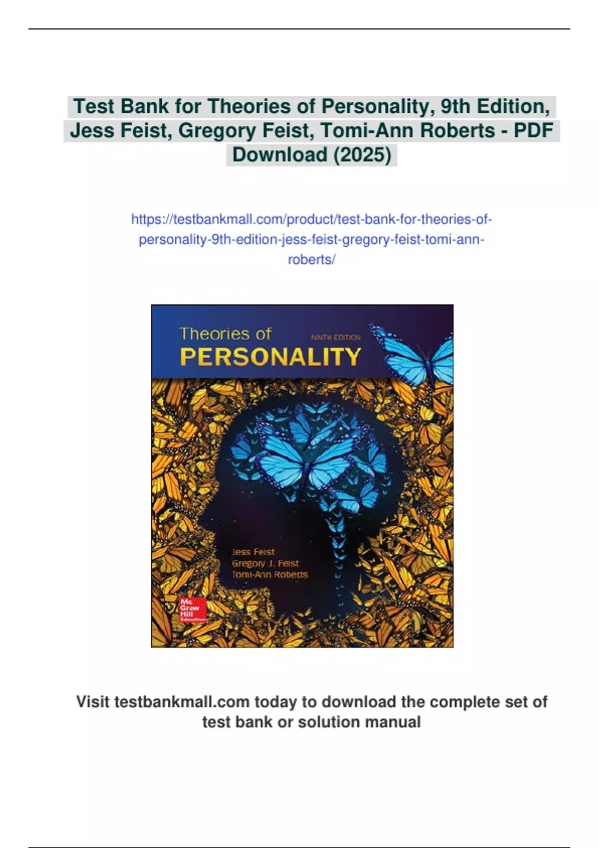Summary Test Bank for Theories of Personality, 9th Edition, Jess Feist ...