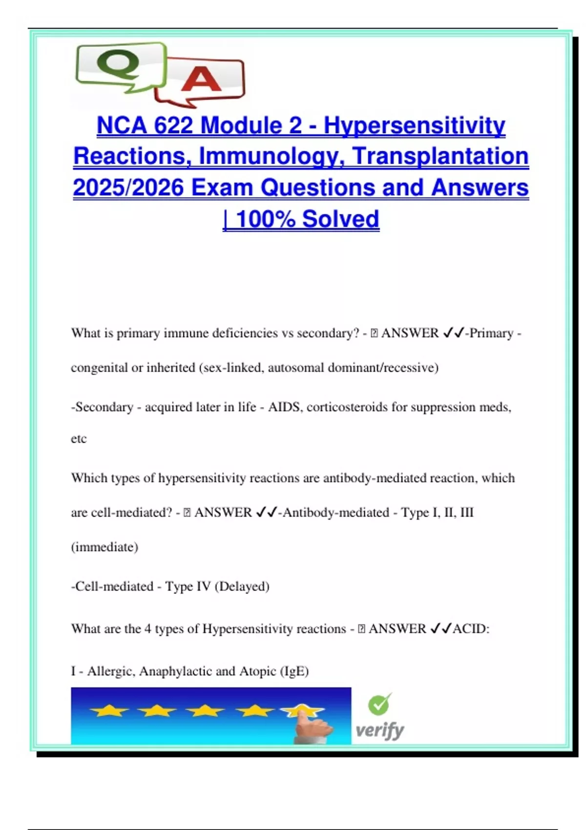 NCA 622 Module 2 | Advanced Immunology & Autoimmunity Lecture Notes ...