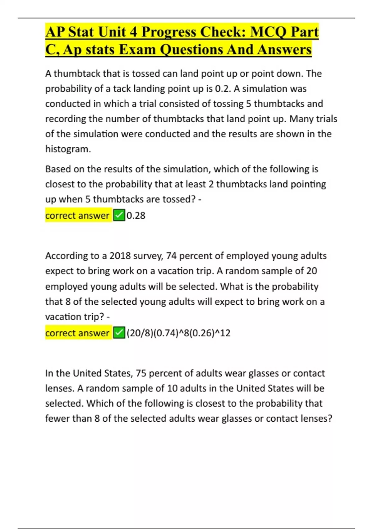 AP Stat Unit 4 Progress Check MCQ Part C, Ap stats Exam Questions And ...