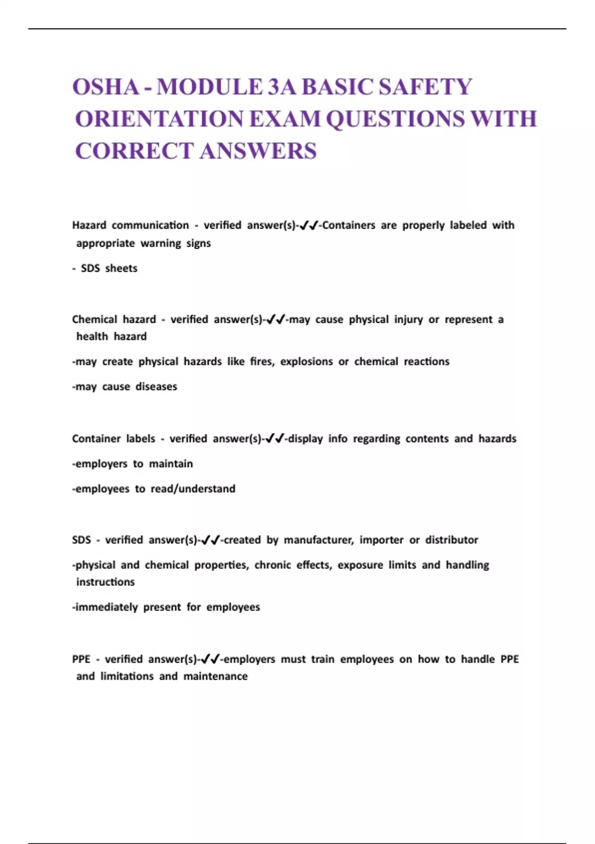 OSHA - MODULE 3A BASIC SAFETY ORIENTATION EXAM QUESTIONS WITH CORRECT ...