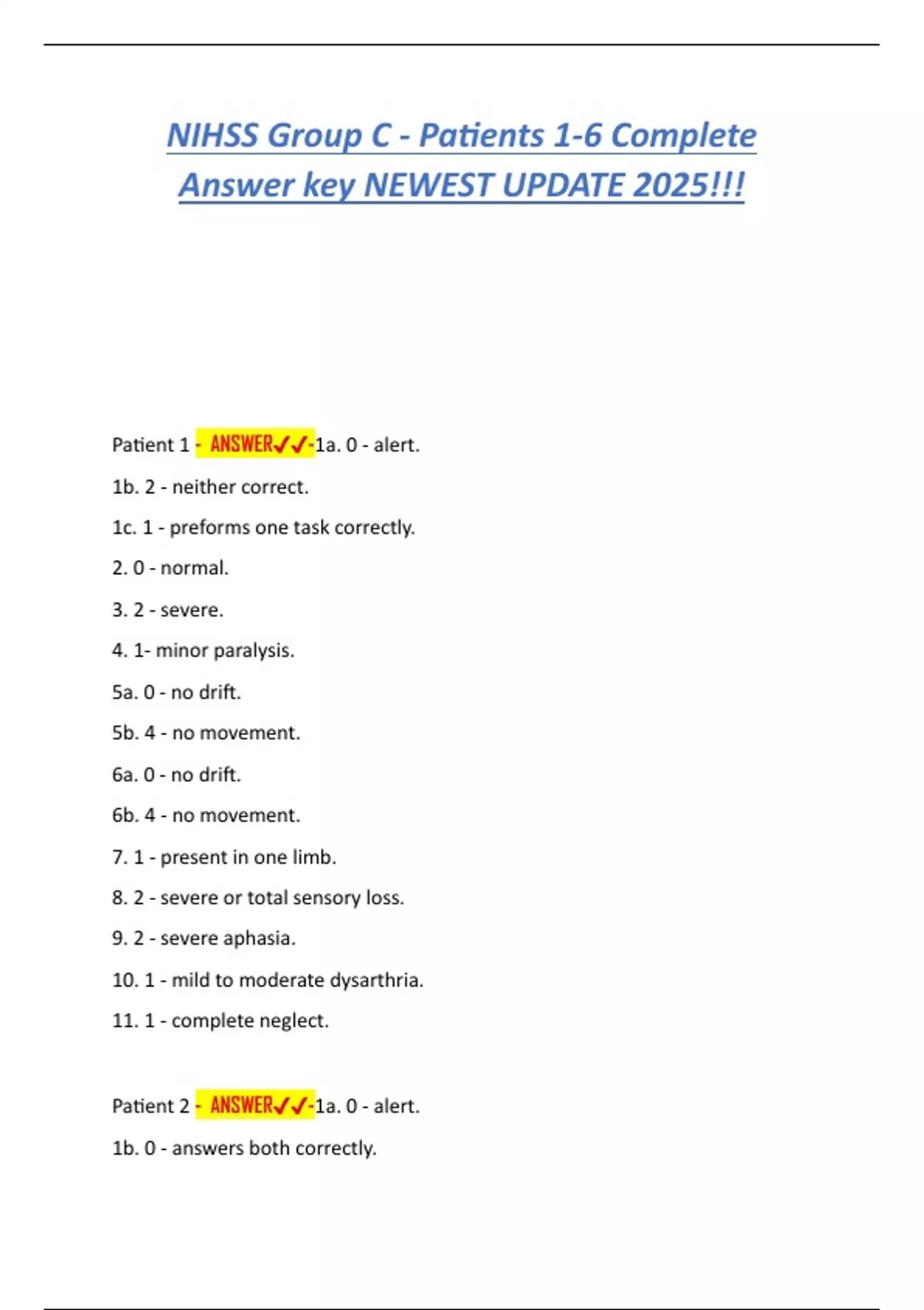 NIHSS Group C - Patients 1-6 Complete Answer key NEWEST UPDATE 2025 ...