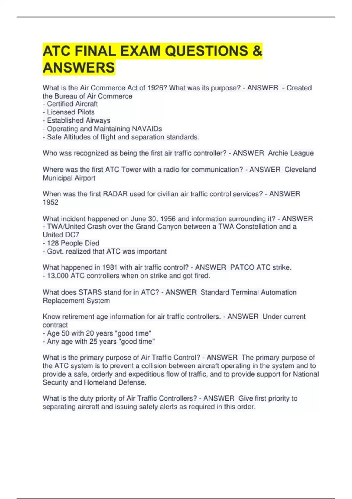 ATC FINAL EXAM QUESTIONS & ANSWERS - ATC - Stuvia US