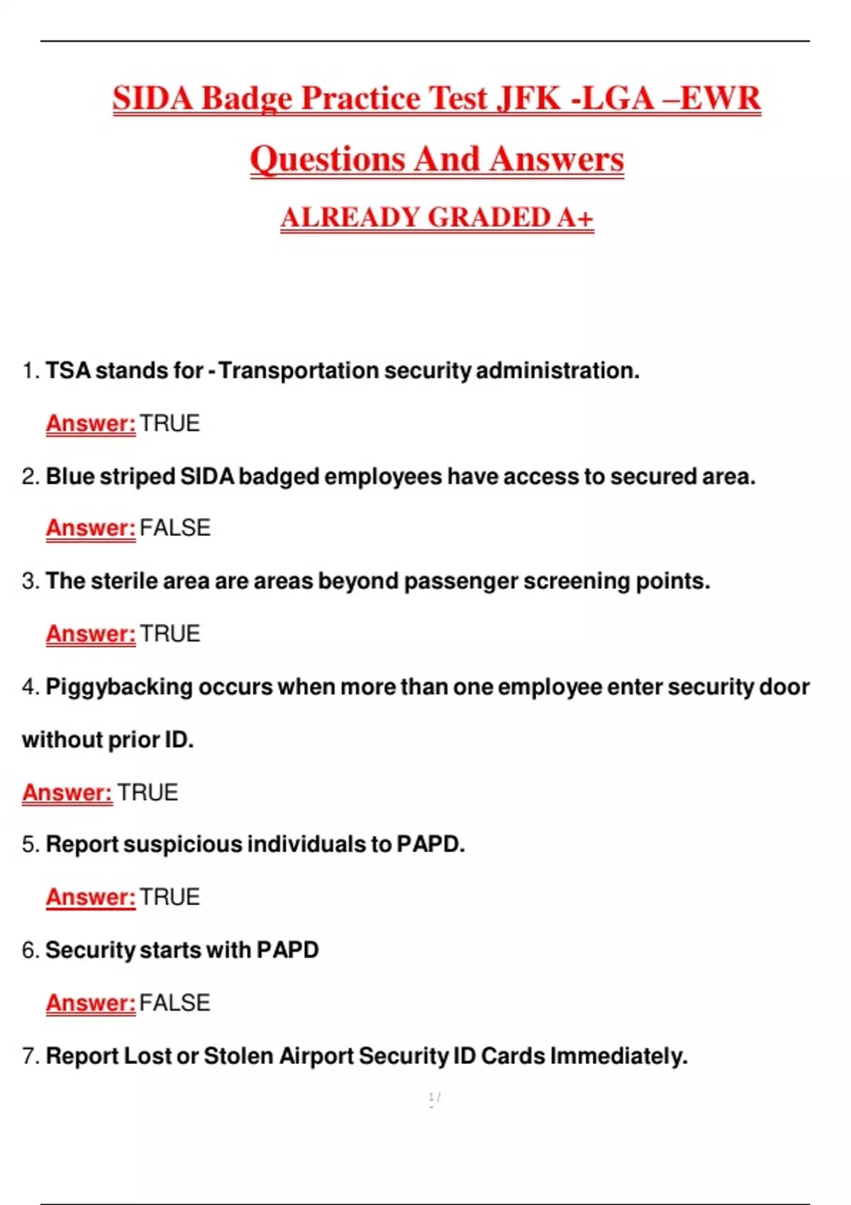 SIDA Badge Practice Test JFK -LGA -EWR 2025 Questions and Answers (2025 ...