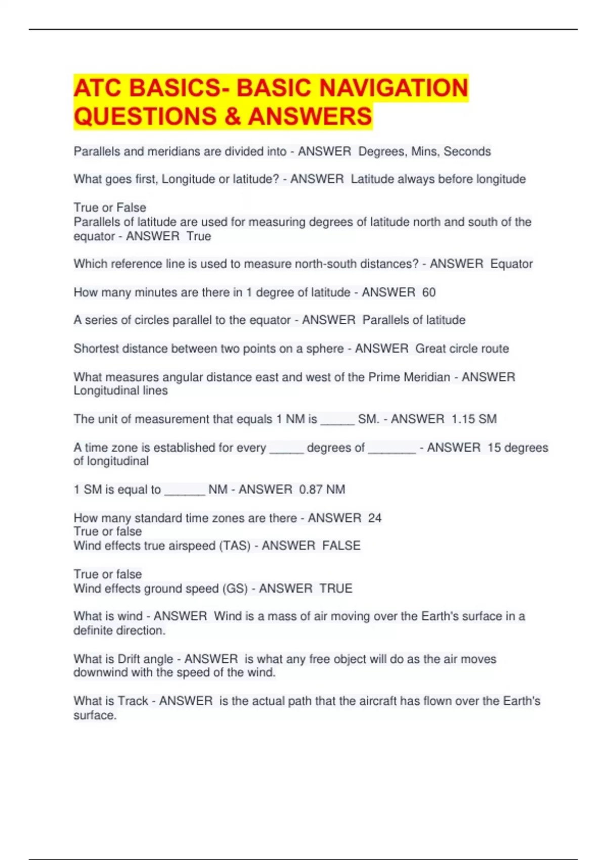 ATC BASICS- BASIC NAVIGATION QUESTIONS & ANSWERS - ATC BASICS - Stuvia US