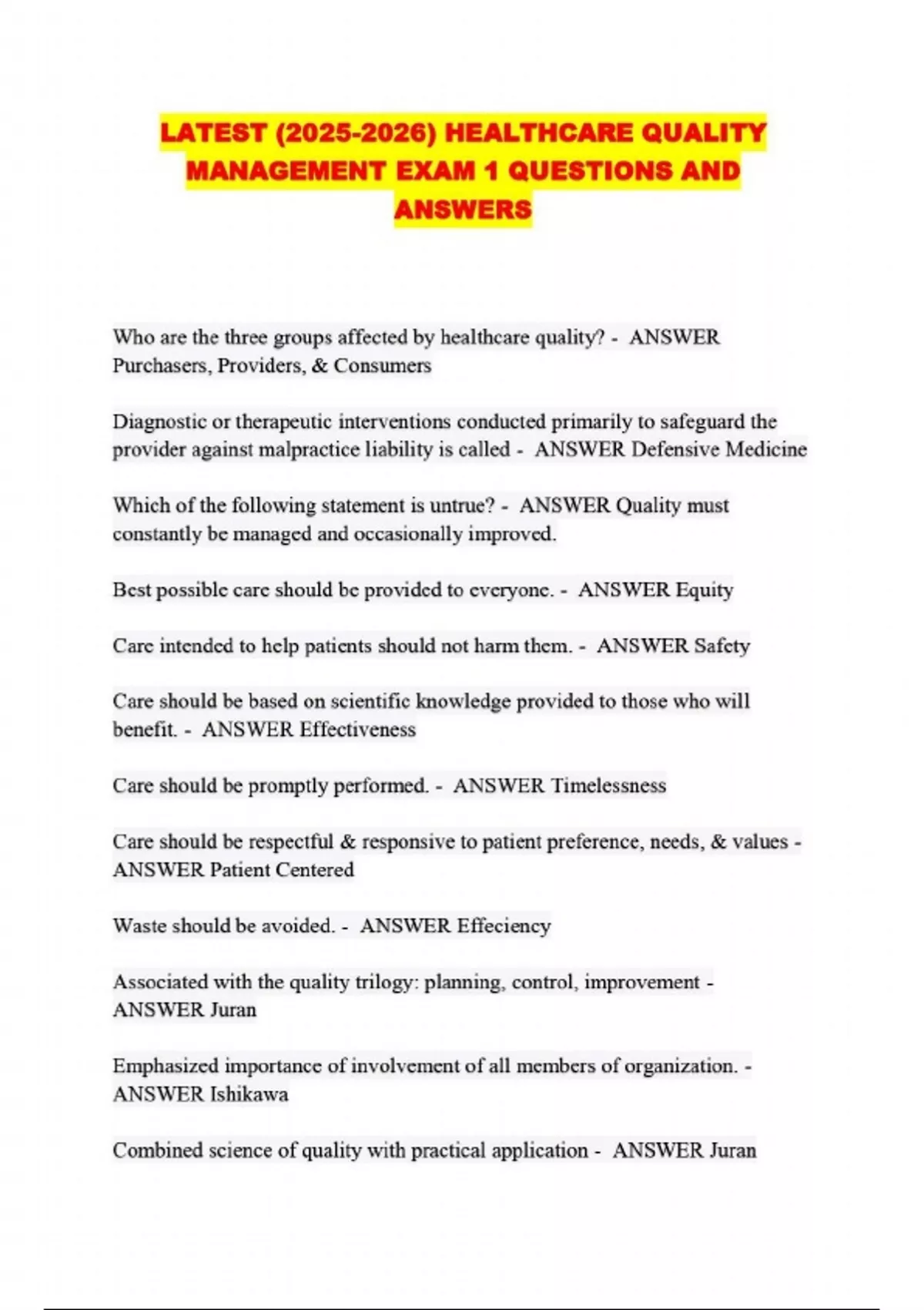 LATEST () HEALTHCARE QUALITY MANAGEMENT EXAM 1 QUESTIONS AND ANSWERS ...