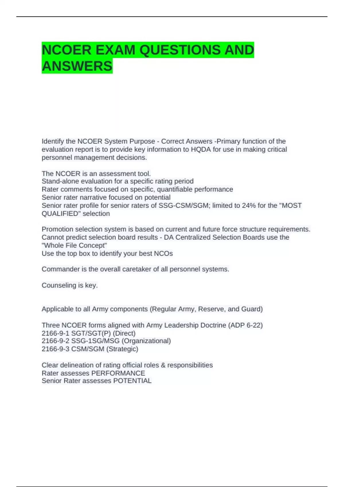 NCOER EXAM QUESTIONS AND ANSWERS - NCOER - Stuvia US