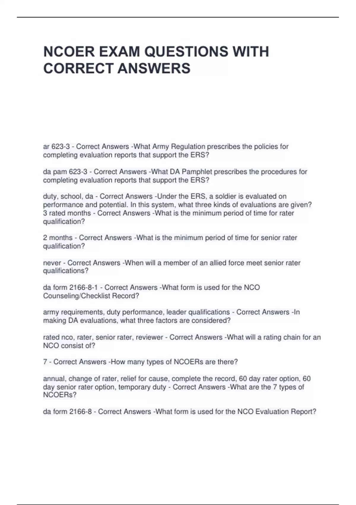 NCOER EXAM QUESTIONS WITH CORRECT ANSWERS - NCOER - Stuvia US