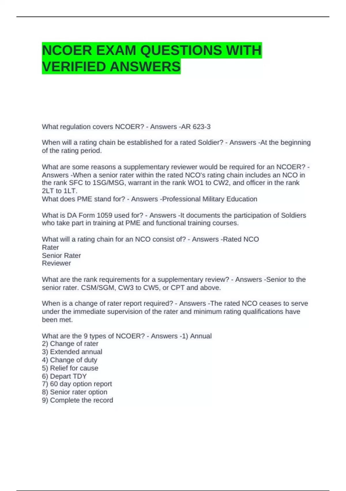 NCOER EXAM QUESTIONS WITH VERIFIED ANSWERS - NCOER - Stuvia US