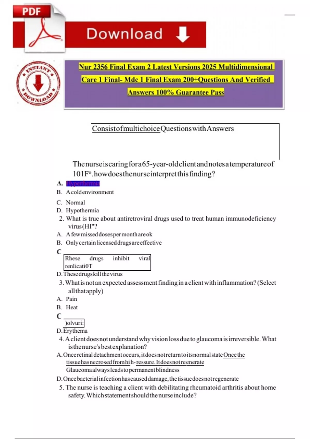 NUR 2356 FINAL EXAM 2 LATEST VERSIONS 2023 MULTIDIMENSIONAL CARE 1 ...