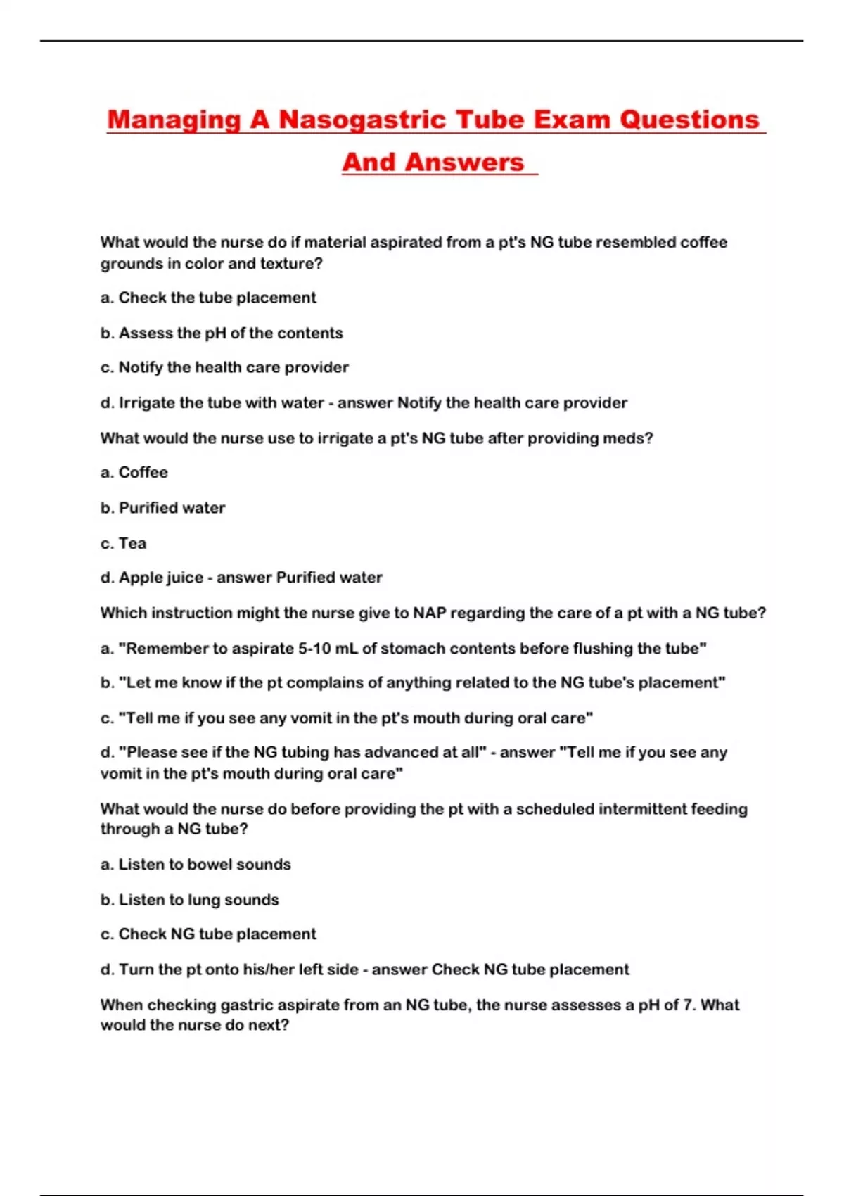 Managing A Nasogastric Tube Exam Questions And Answers - Managing A ...