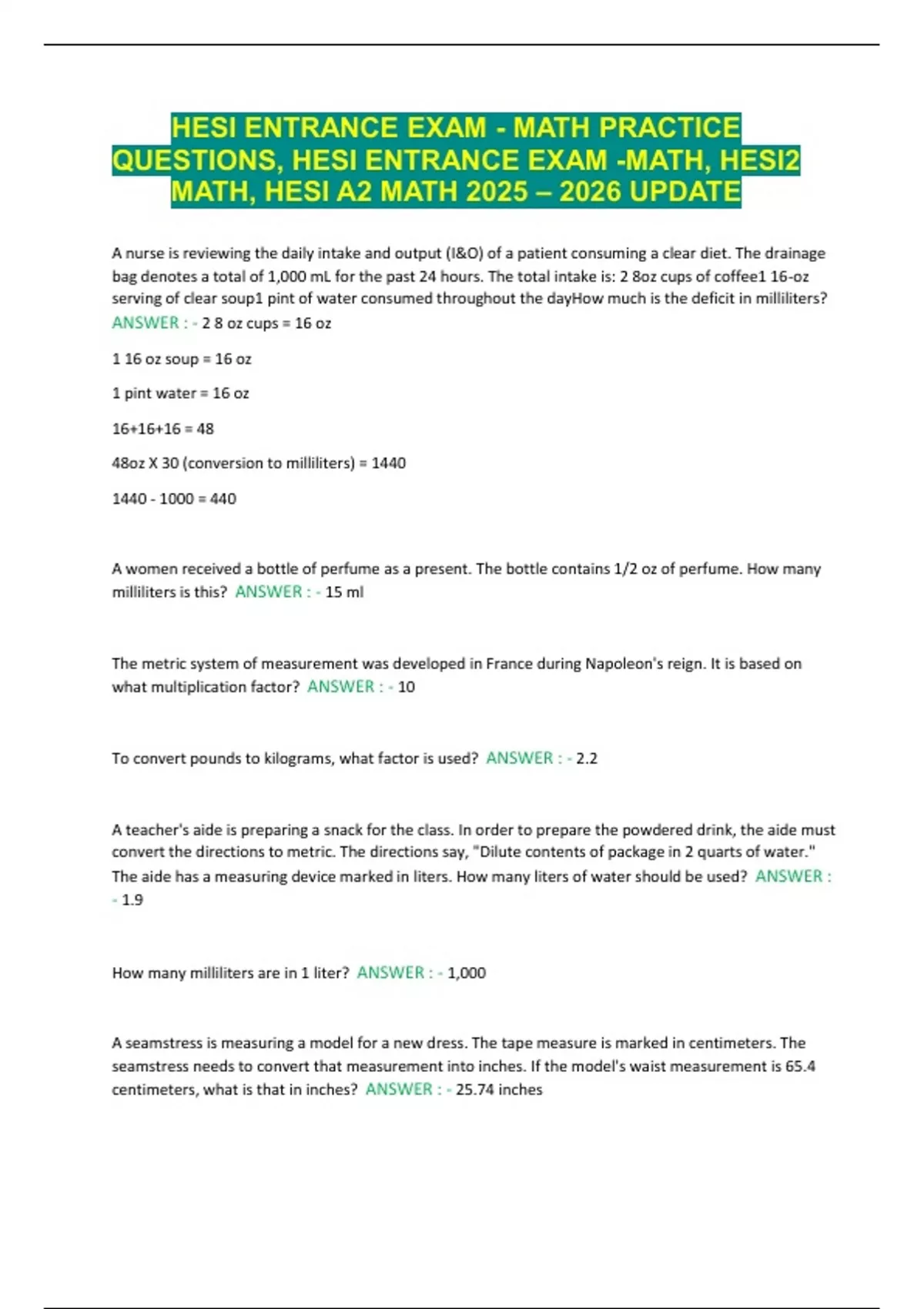 HESI ENTRANCE EXAM - MATH PRACTICE QUESTIONS, HESI ENTRANCE EXAM -MATH ...