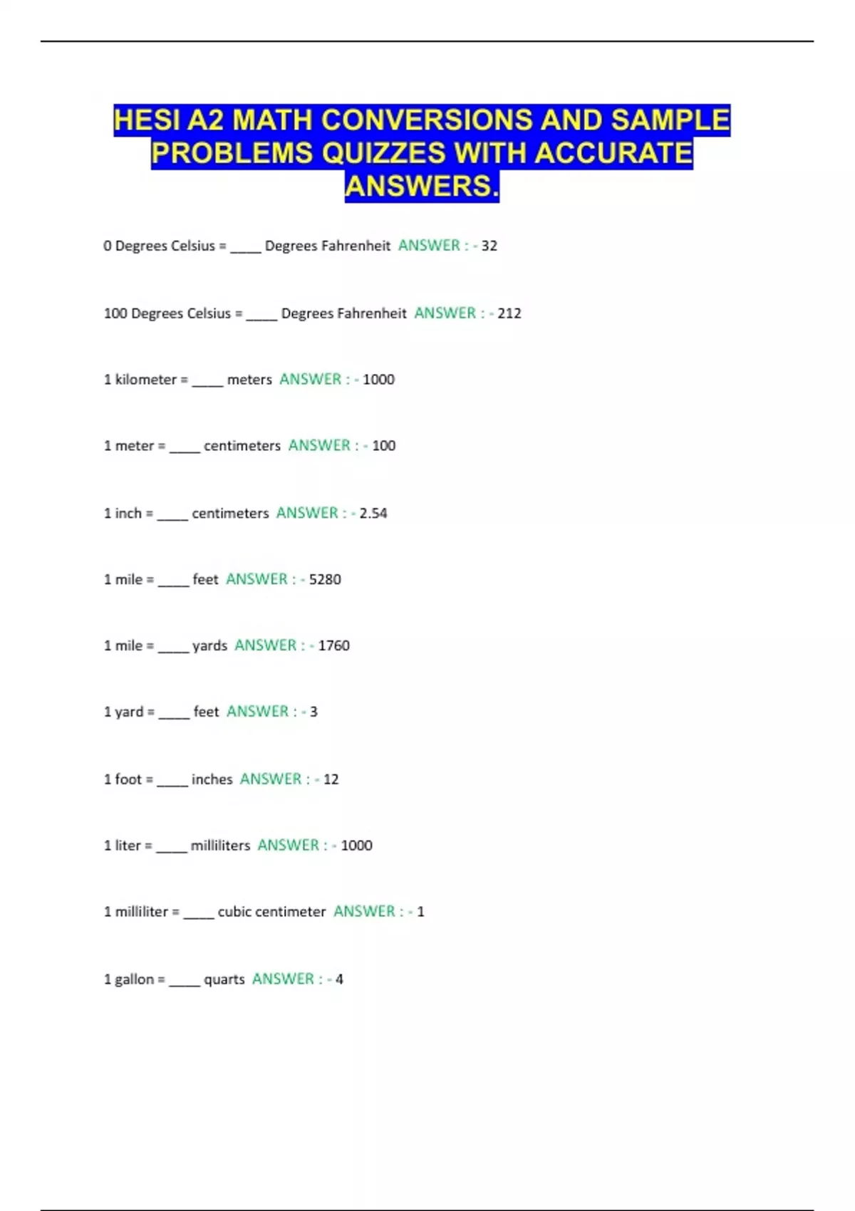 HESI A2 MATH CONVERSIONS AND SAMPLE PROBLEMS QUIZZES WITH ACCURATE ...