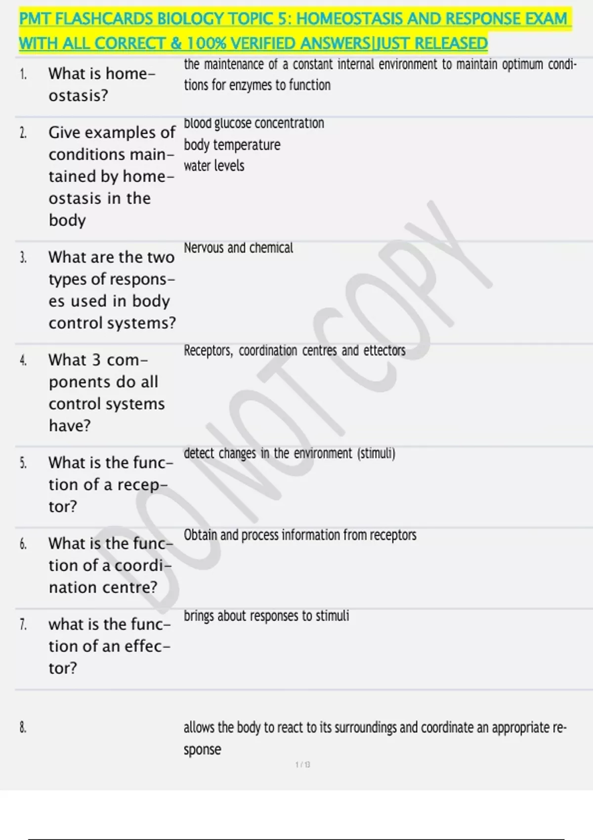 PMT FLASHCARDS BIOLOGY TOPIC 5: HOMEOSTASIS AND RESPONSE EXAM WITH ALL ...