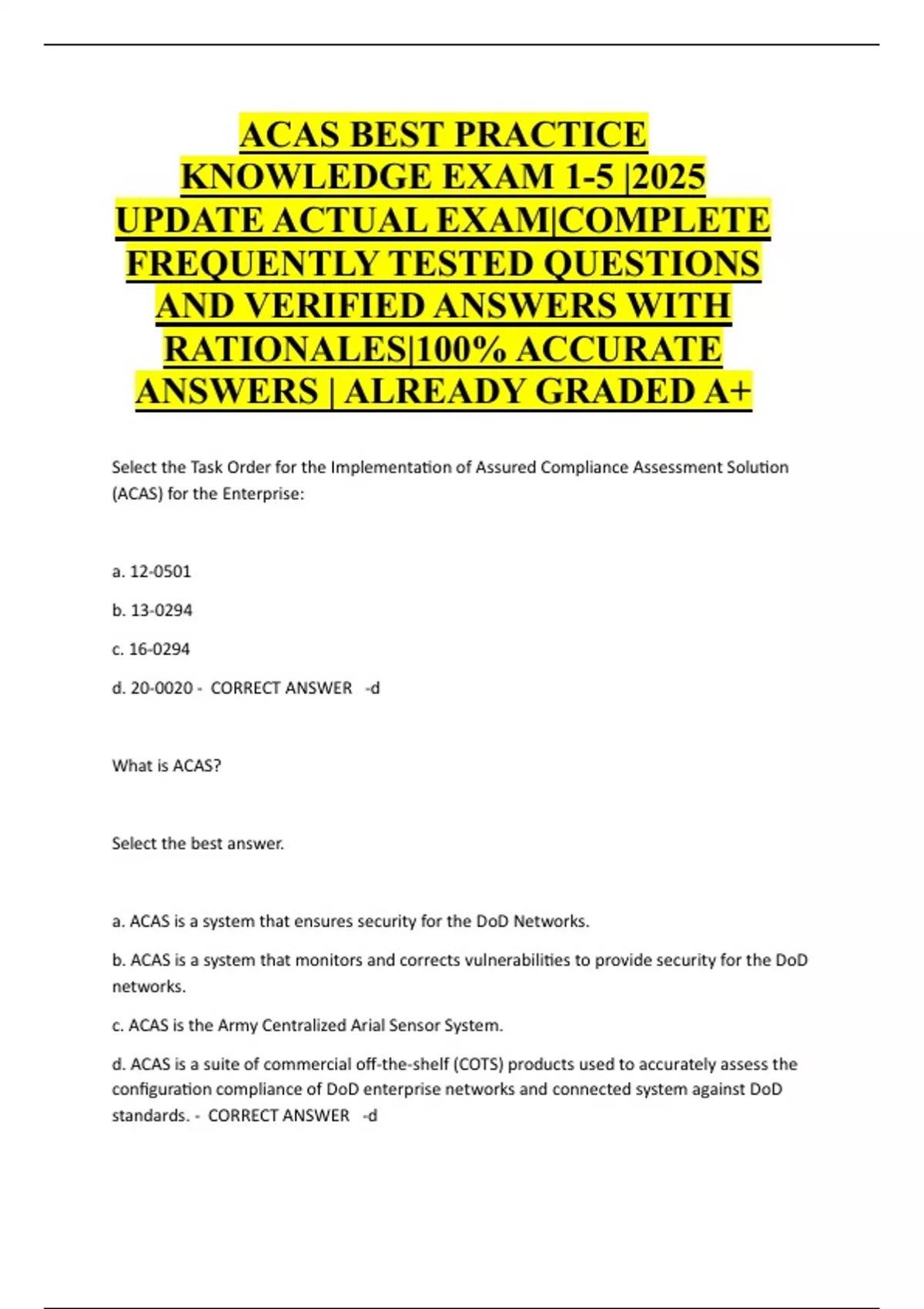ACAS BEST PRACTICE KNOWLEDGE EXAM 1-5 |2025 UPDATE ACTUAL EXAM|COMPLETE ...