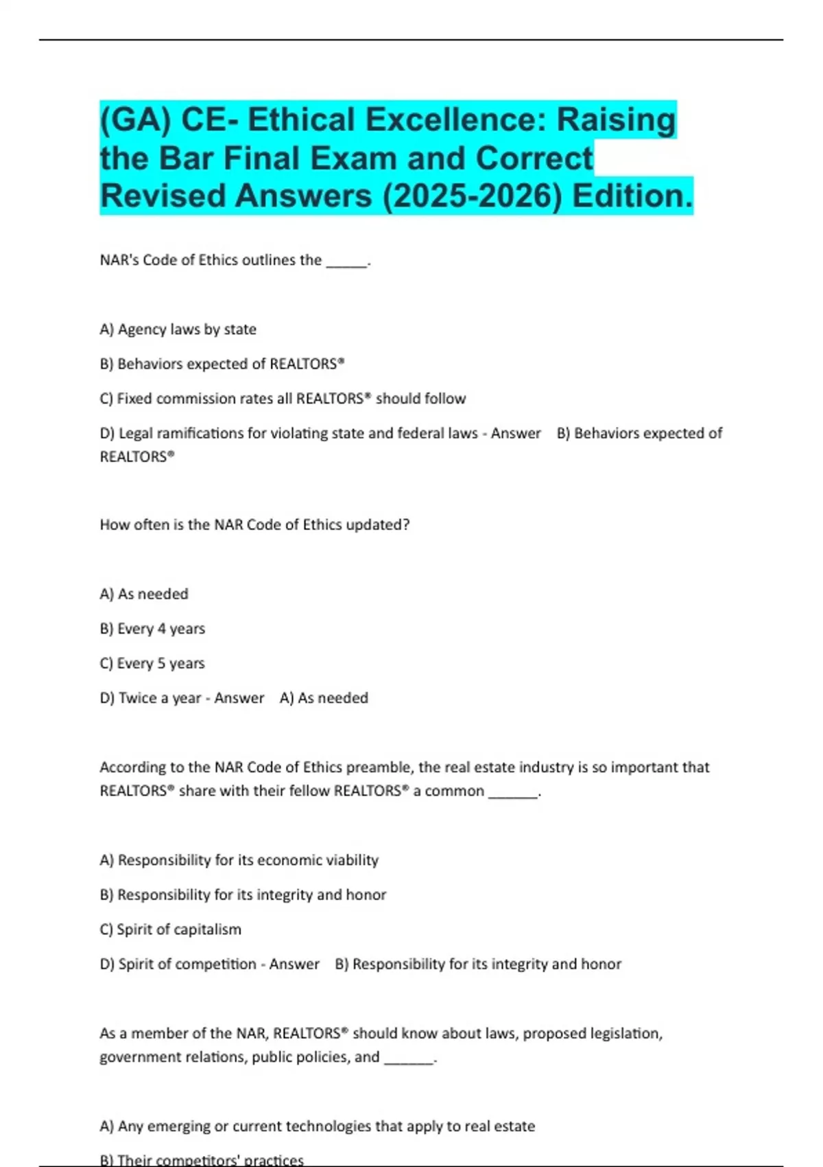 (GA) CE- Ethical Excellence: Raising the Bar Final Exam and Correct ...