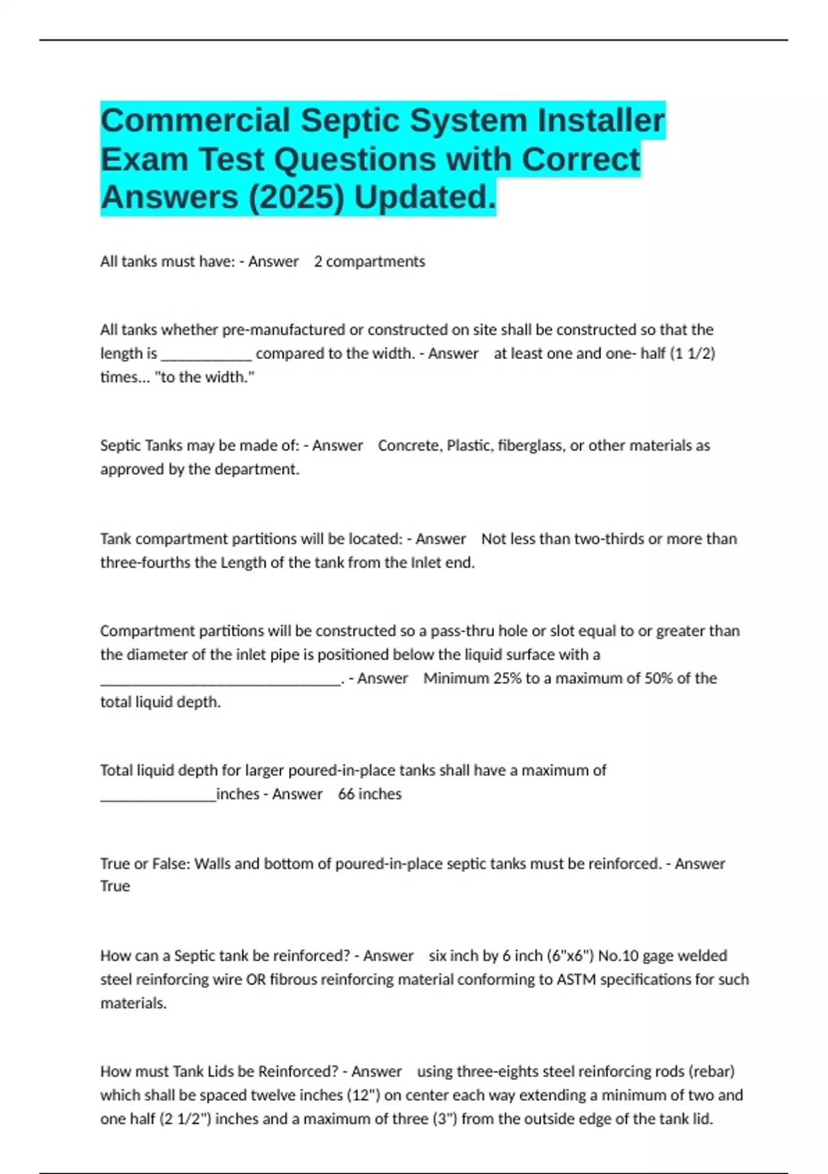 Commercial Septic System Installer Exam Test Questions with Correct ...