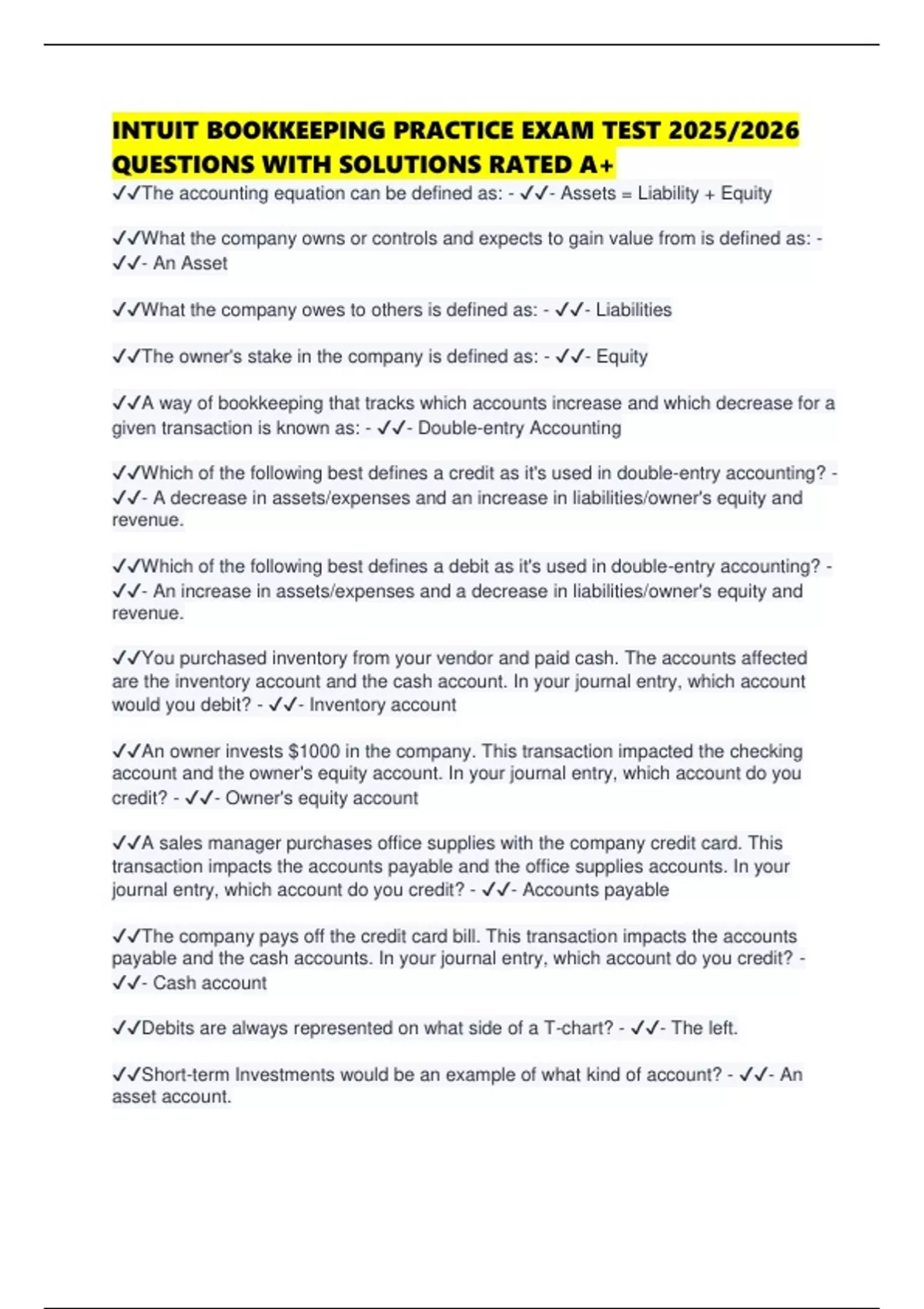 INTUIT BOOKKEEPING PRACTICE EXAM TEST 2025/2026 QUESTIONS WITH ...