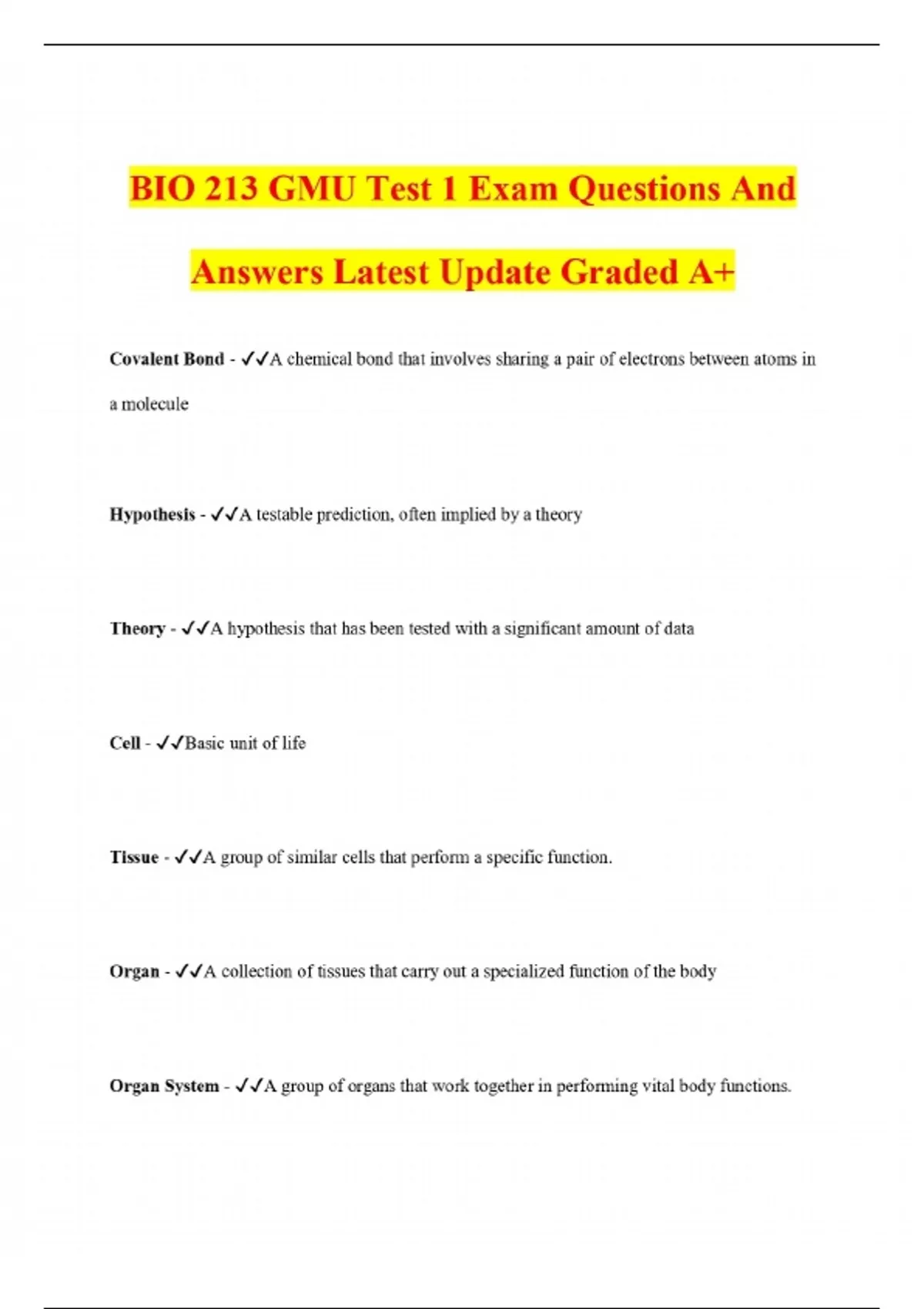 BIO 213 GMU Test 1 Exam Questions And Answers Latest Update Graded A+ ...