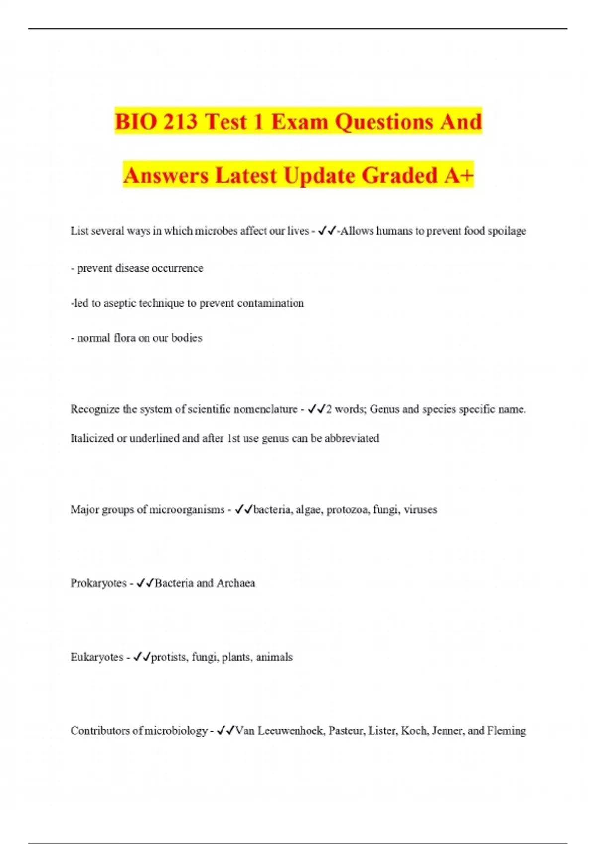 BIO 213 Test 1 Exam Questions And Answers Latest Update Graded A+ - BIO ...