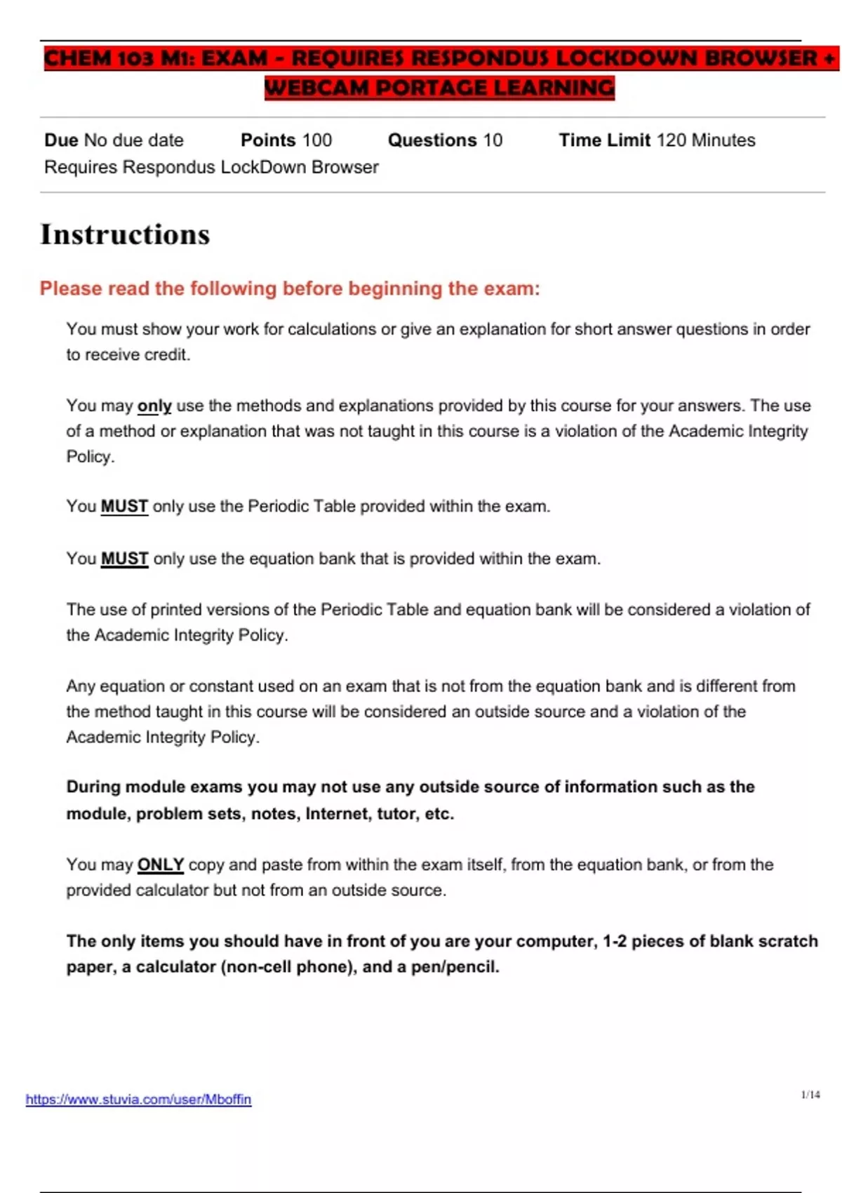CHEM 103 M1: EXAM - REQUIRES RESPONDUS LOCKDOWN BROWSER + WEBCAM ...