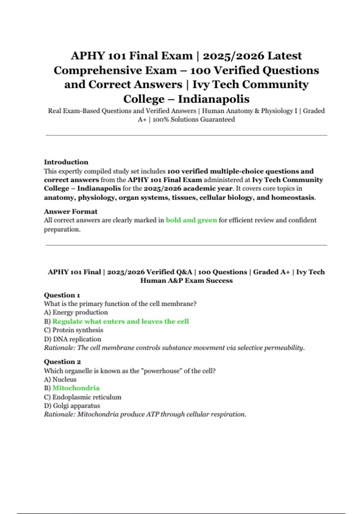 APHY 101 Midterm & Final Exam Package | 2025/2026 Edition | 175 ...