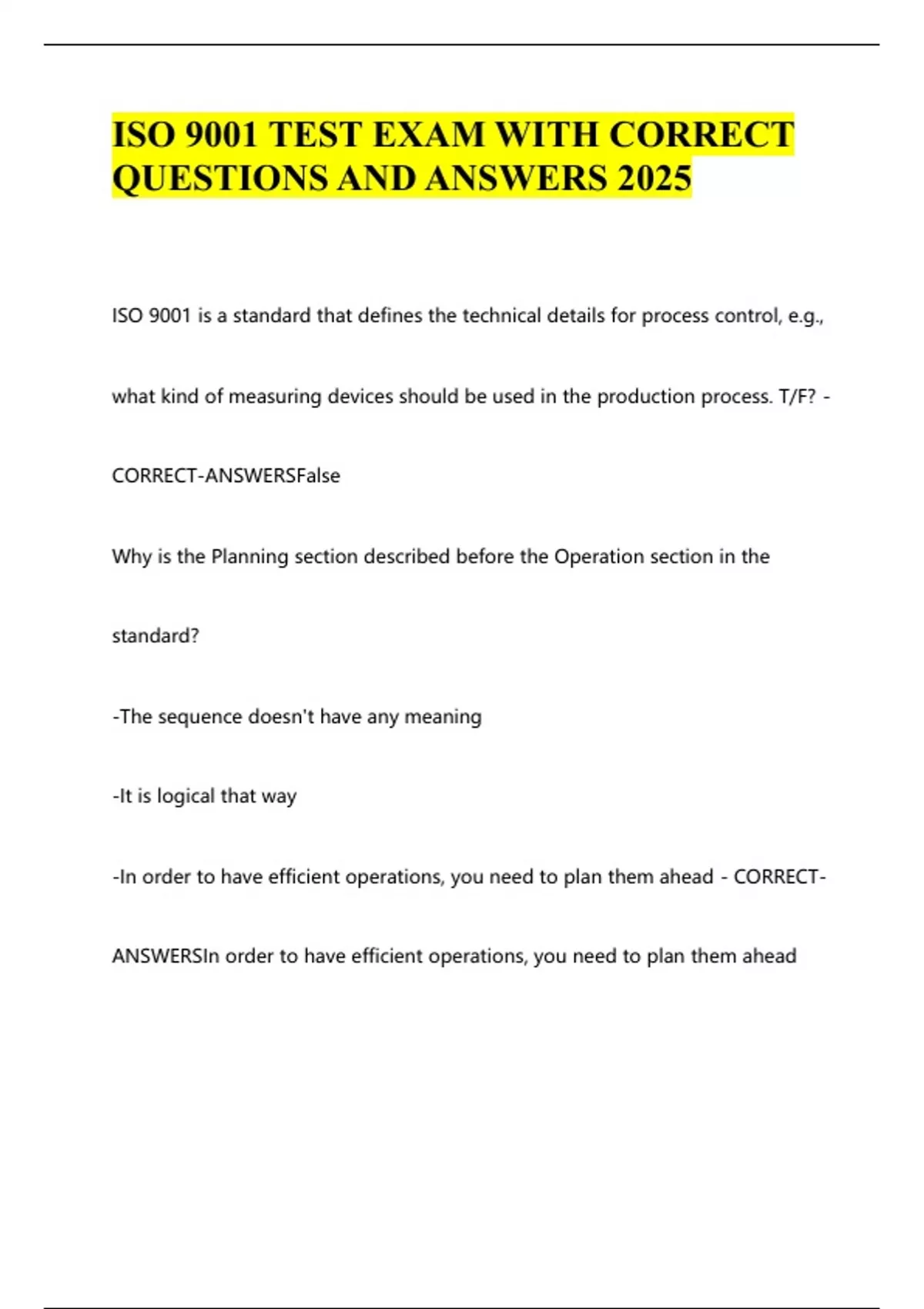 ISO 9001 TEST EXAM WITH CORRECT QUESTIONS AND ANSWERS 2025 - ISO 9001 ...